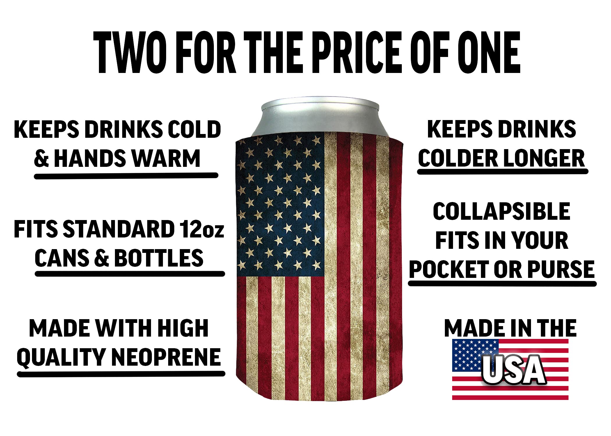 Rogue River Tactical USA Flag Pledge Of Allegiance, Rustic Flag Bundle Collapsible Beer Can Bottle Beverage Cooler Sleeves 2 Sets of 2 Packs Gift Set Combo