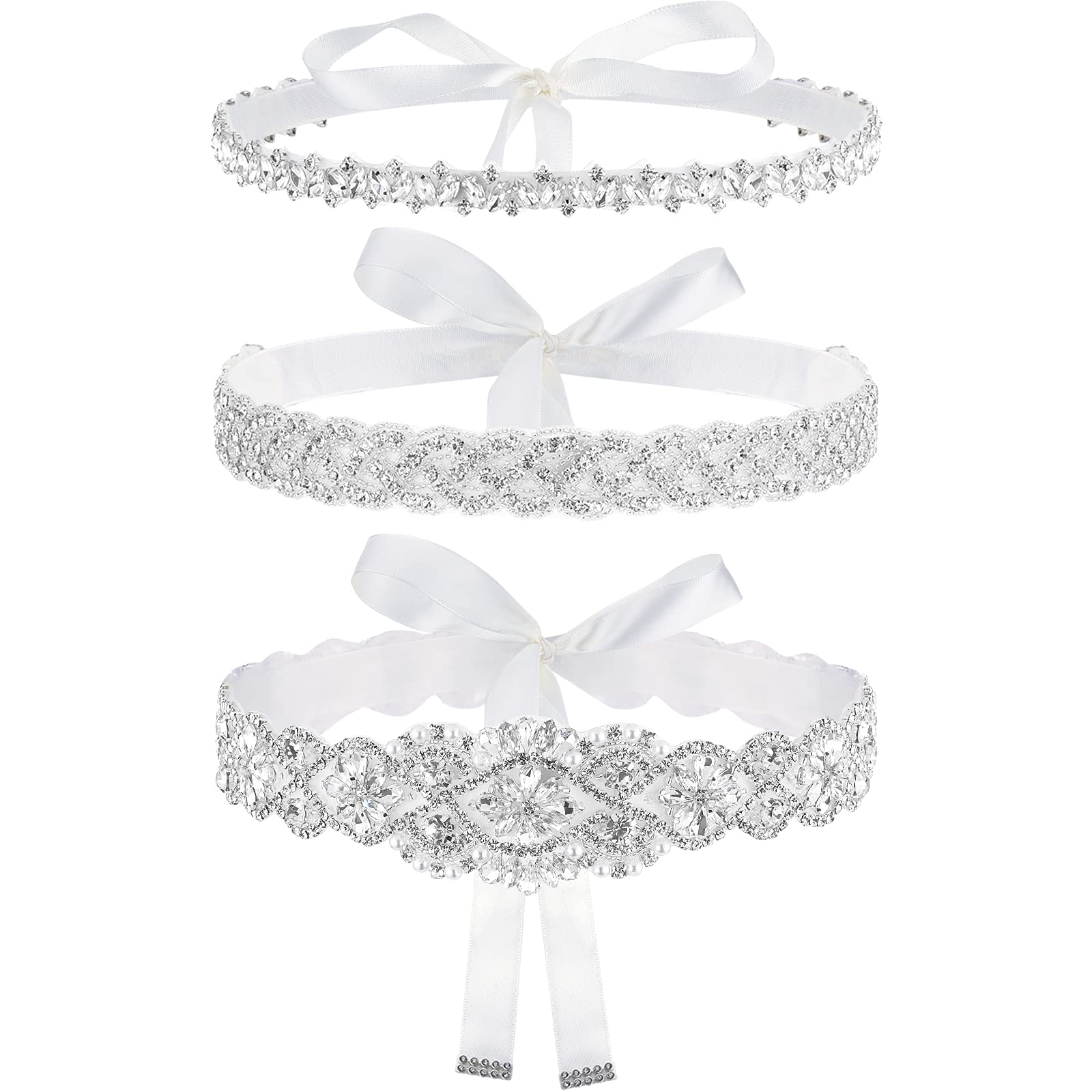 Sintege 3 Pcs Rhinestone Wedding Dress Belts Crystal Bridal Sash Belts Diamond Ribbon Belts for Women Bridal Bridesmaid