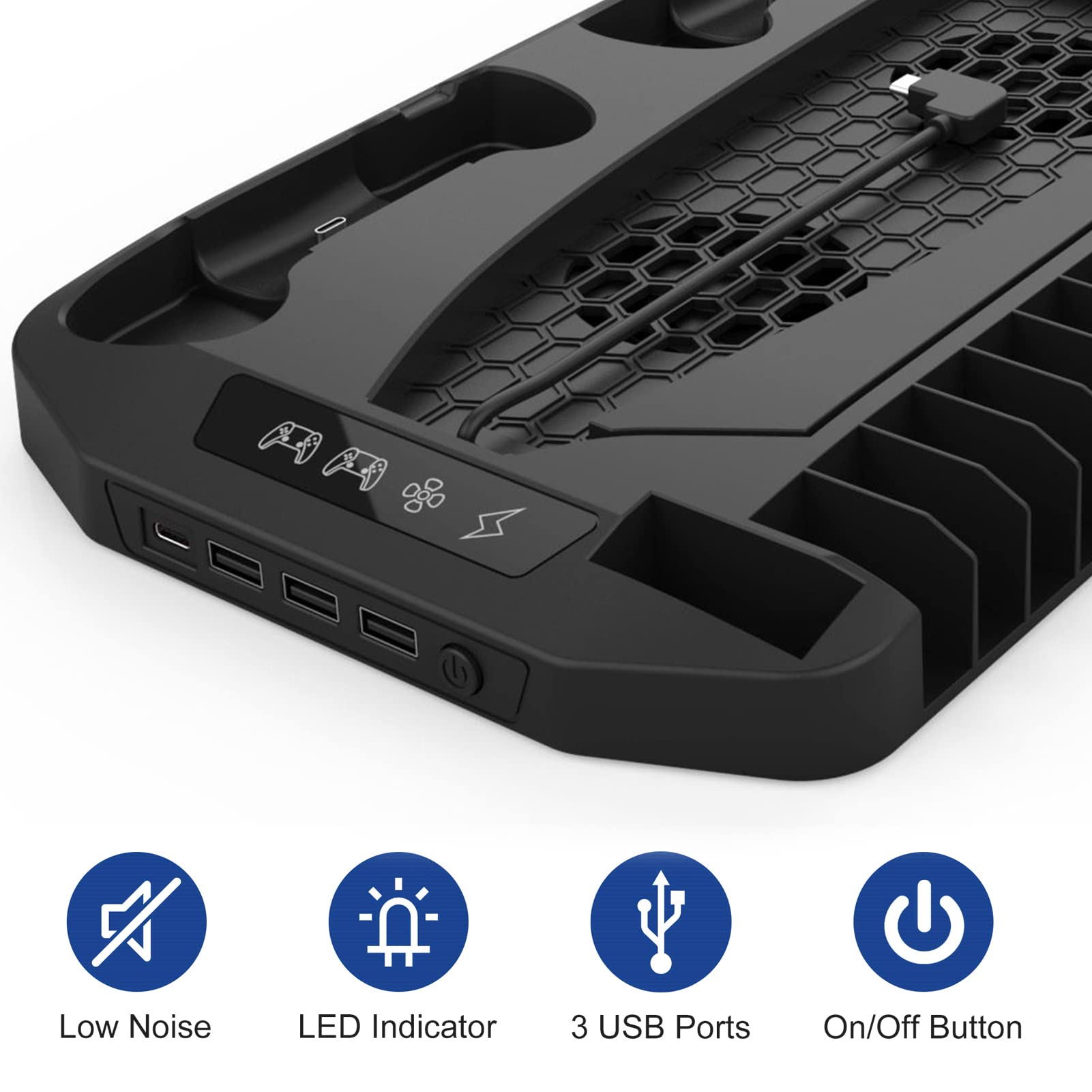 PS5 Vertical Stand Cooling Fan Charging Station with 3 USB HUB for Playstation 5 Controller Indicator Lamps Console Station and Dual PS5 Joystick Charging Dock Accessories 16 Game Storage