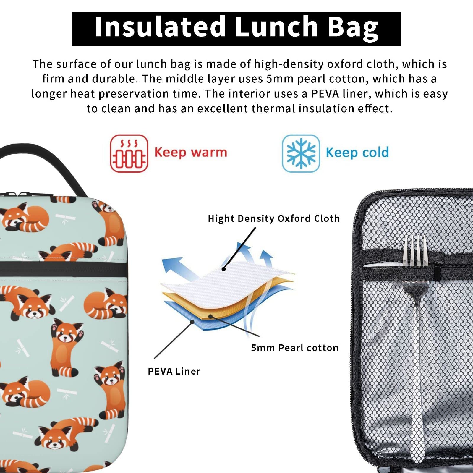 tiehrpr Cute Red Panda Reusable Insulated Lunch Box Cooler Tote Bag Unisex Handle Lunchbox For Office/Hiking/Camping/Picnic/Beach