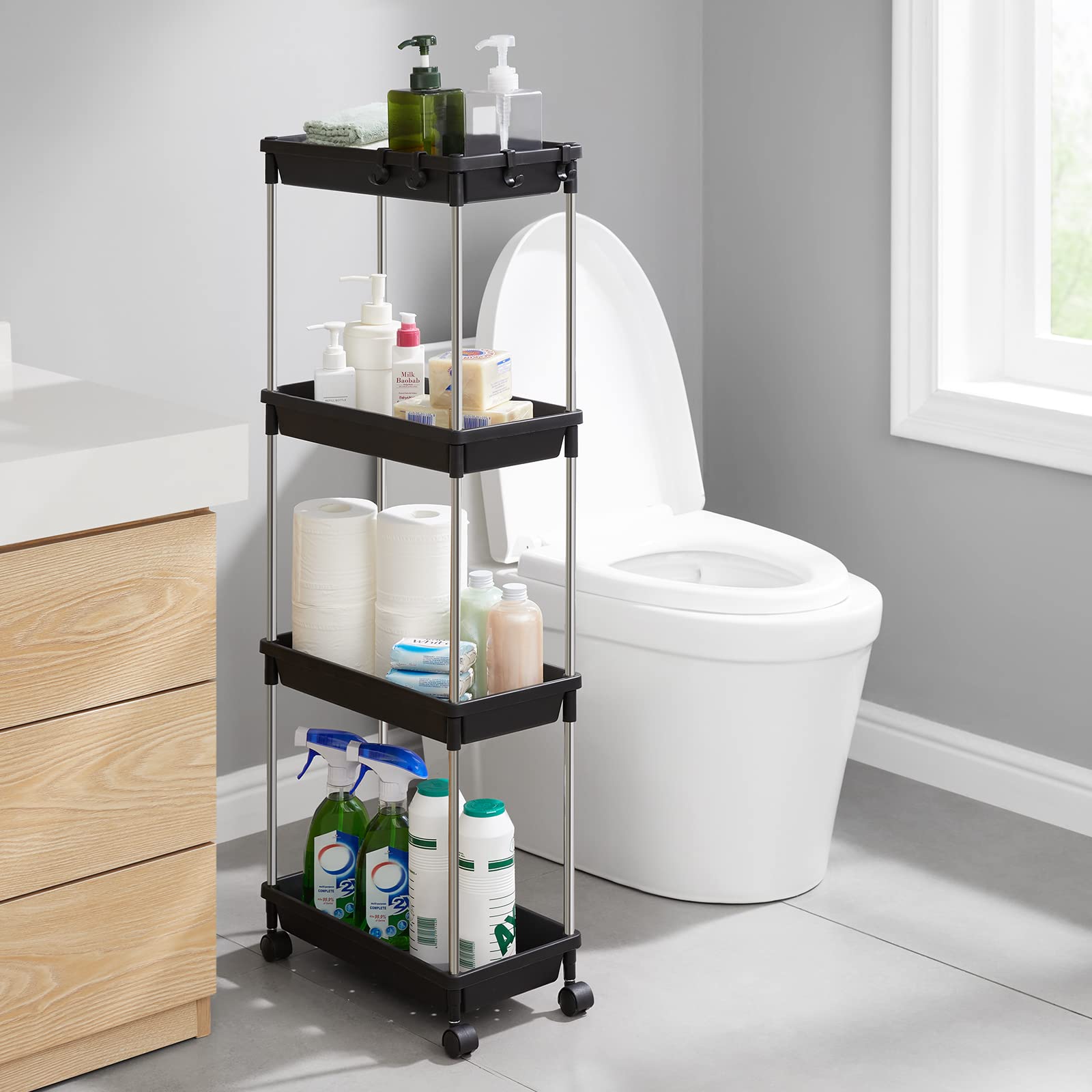 Lifewit Slim Storage Cart, Laundry Room Organization, Wide 6.3'', 3 Tier Shelf Organizer Rack Unit with Wheels for Bathroom Kitchen Small Dorm Narrow Space, Black