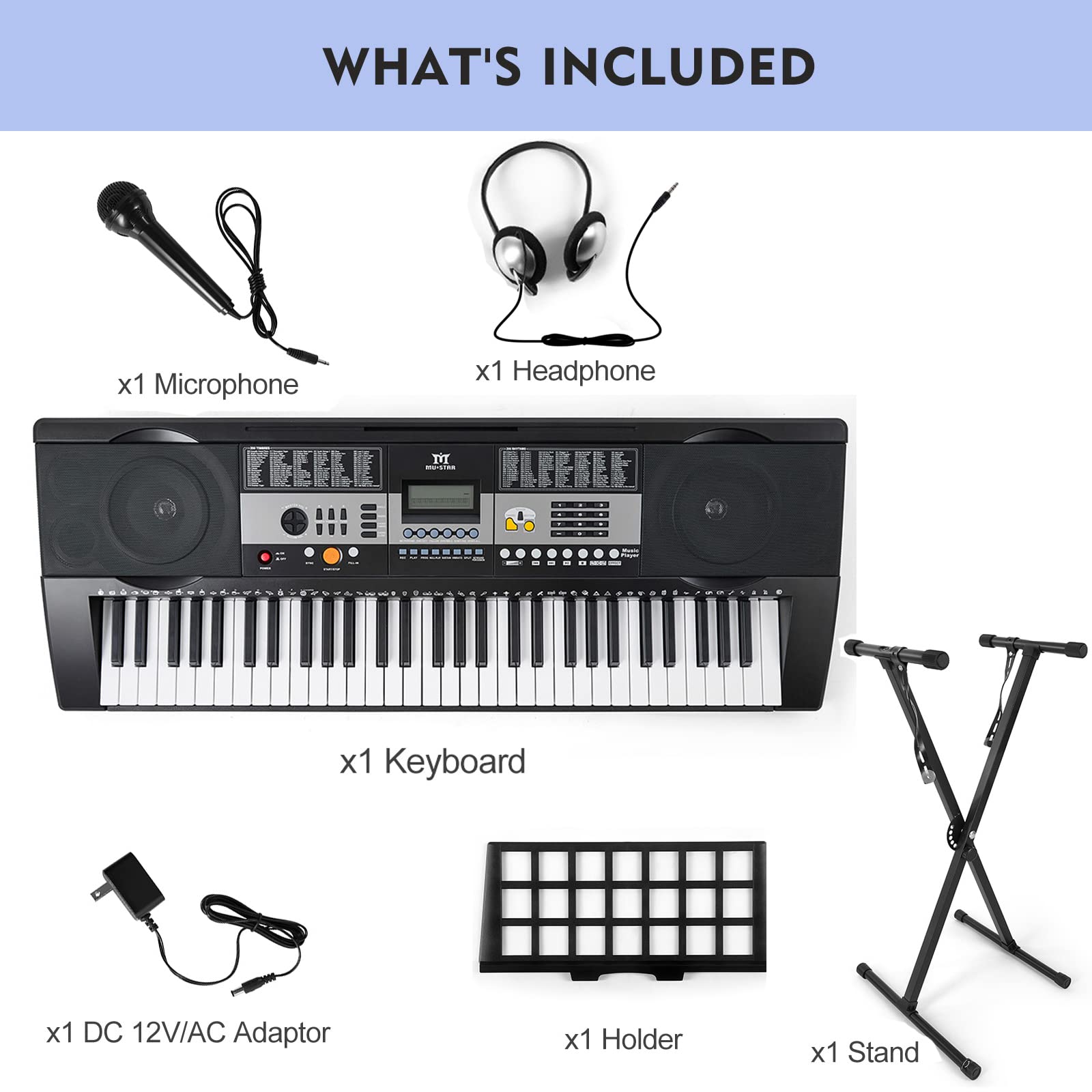 MUSTAR Piano Keyboard, 61 Key Keyboard Piano Electric Piano with Stand, Touch Sensitive Keyboards Piano 61 Key for Beginners, Headphones, Microphone, MP3/USB/LCD Screen, Holiday Birthday Gifts