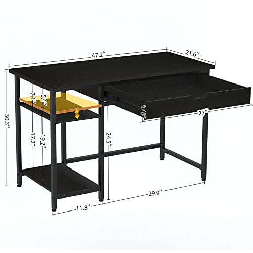 Rolanstar Computer Desk with Shelves and Drawer, 47" Home Office Writing Desk, Laptop Study Table Workstation, Particle Board with Metal Frame, Business Style,Black