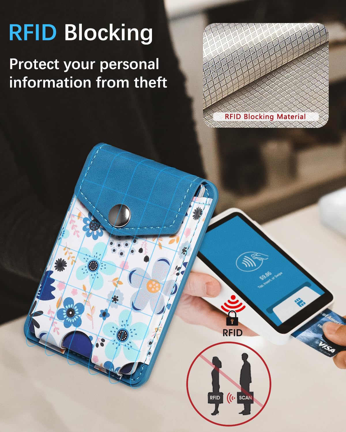 Magnetic Card Holder for Apple Magsafe Wallet for iPhone 15/14/13/12 Series, Fit 5 Cards RFID Blocking Mag Safe Floral Pattern Leather Wallet for iPhone 15 PLUS,Pro Max - Blue