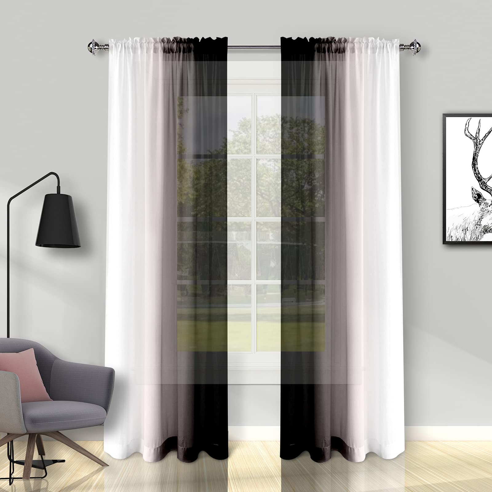 Melodieux Black Ombre Sheer Curtains 84 Inches Long for Living Room, Bedroom Chiffon Black White Gradient Rod Pocket Voile Drapes, 52 by 84 Inch, 2 Panels