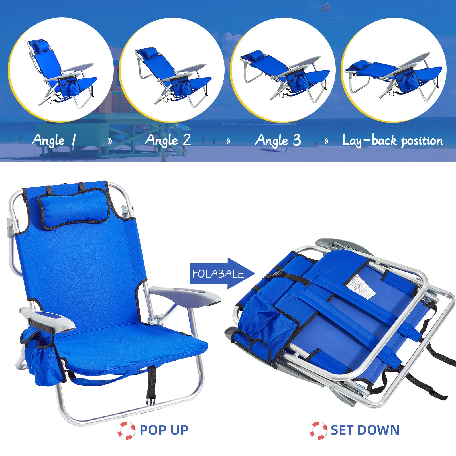 ROWHY Backpack Beach Chair for Adults with Cooler Pouch Portable Lightweight Beach Chair Cup Holder Lay Flat Position and Extra Storage Low Camping Chair Support 300lb, Royal Blue