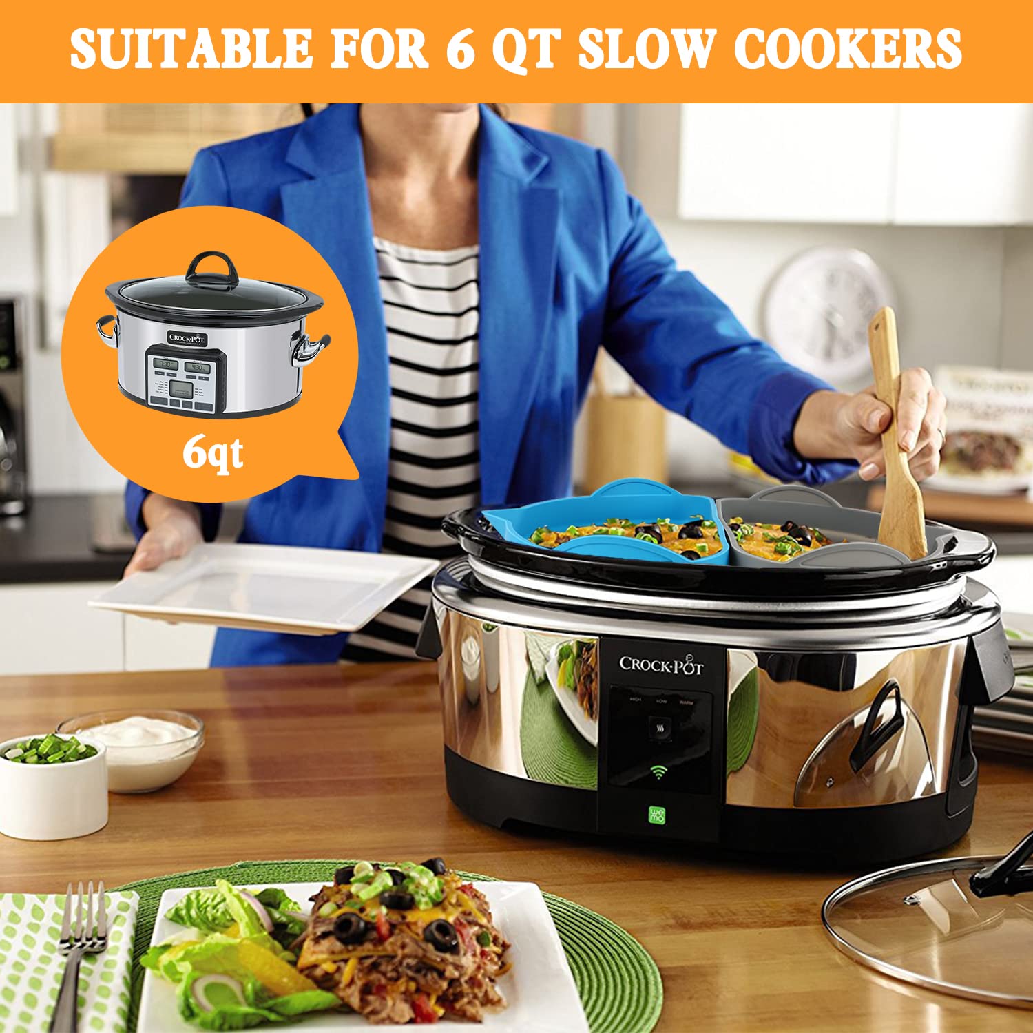 Slow Cooker Divider Insert 8.5 * 5.1Inch For 6QT Reusable Silicone Dividers Easy Clean&Non-stick Dishwasher Safe Slow Cooker Liner (Blue+Grey)