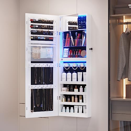 LVSOMT 3 LEDs Mirror with Jewelry Storage, Hanging Jewelry Organizer Mirror, Wall Mount Full Length Mirror Jewelry Cabinet with Inner Makeup Mirror, Updately Light Strips, White