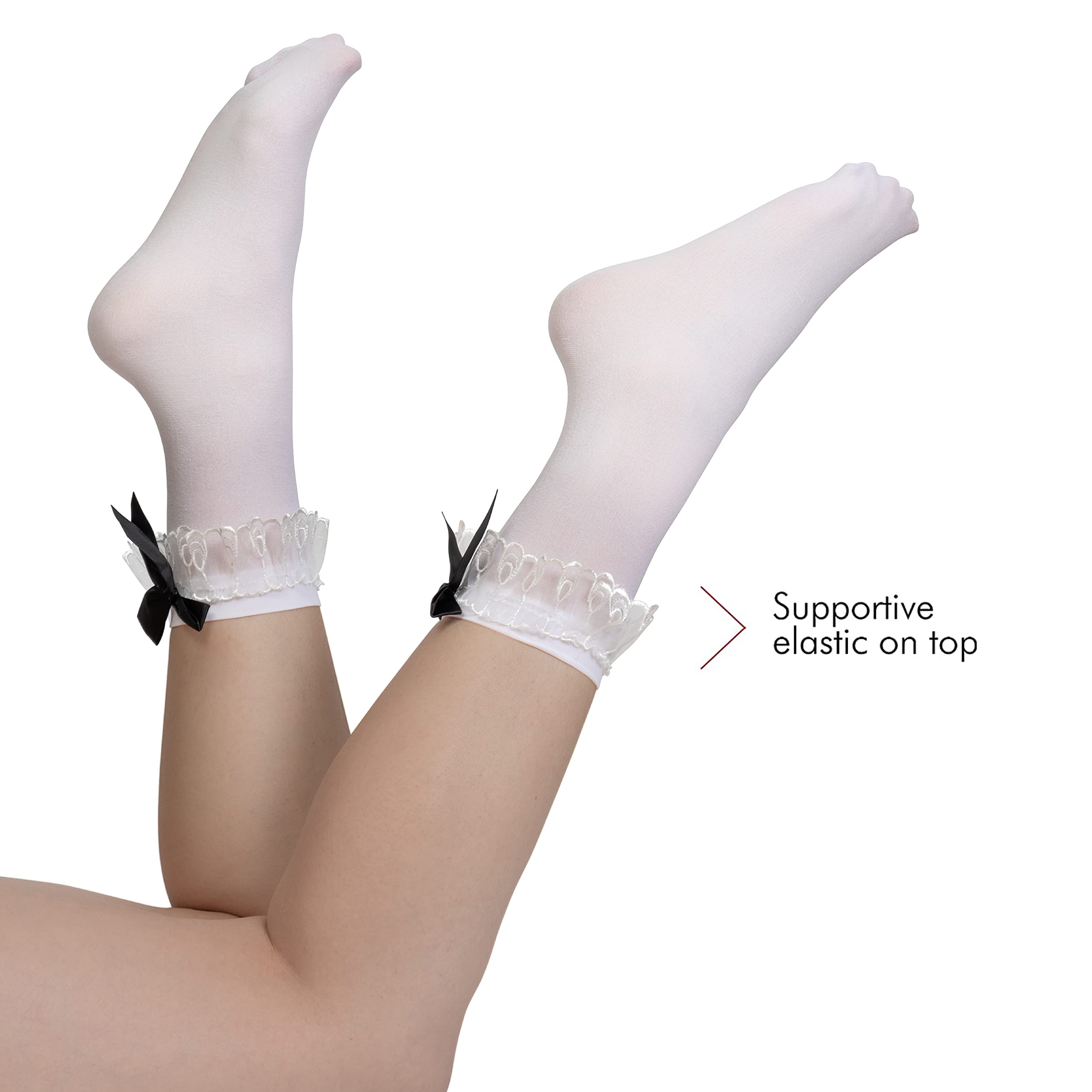 Skeleteen White Ruffled Anklet Socks - Frilly White Opaque Lace Ruffles Top Trim Bobby Sock With Black Satin Back Bow
