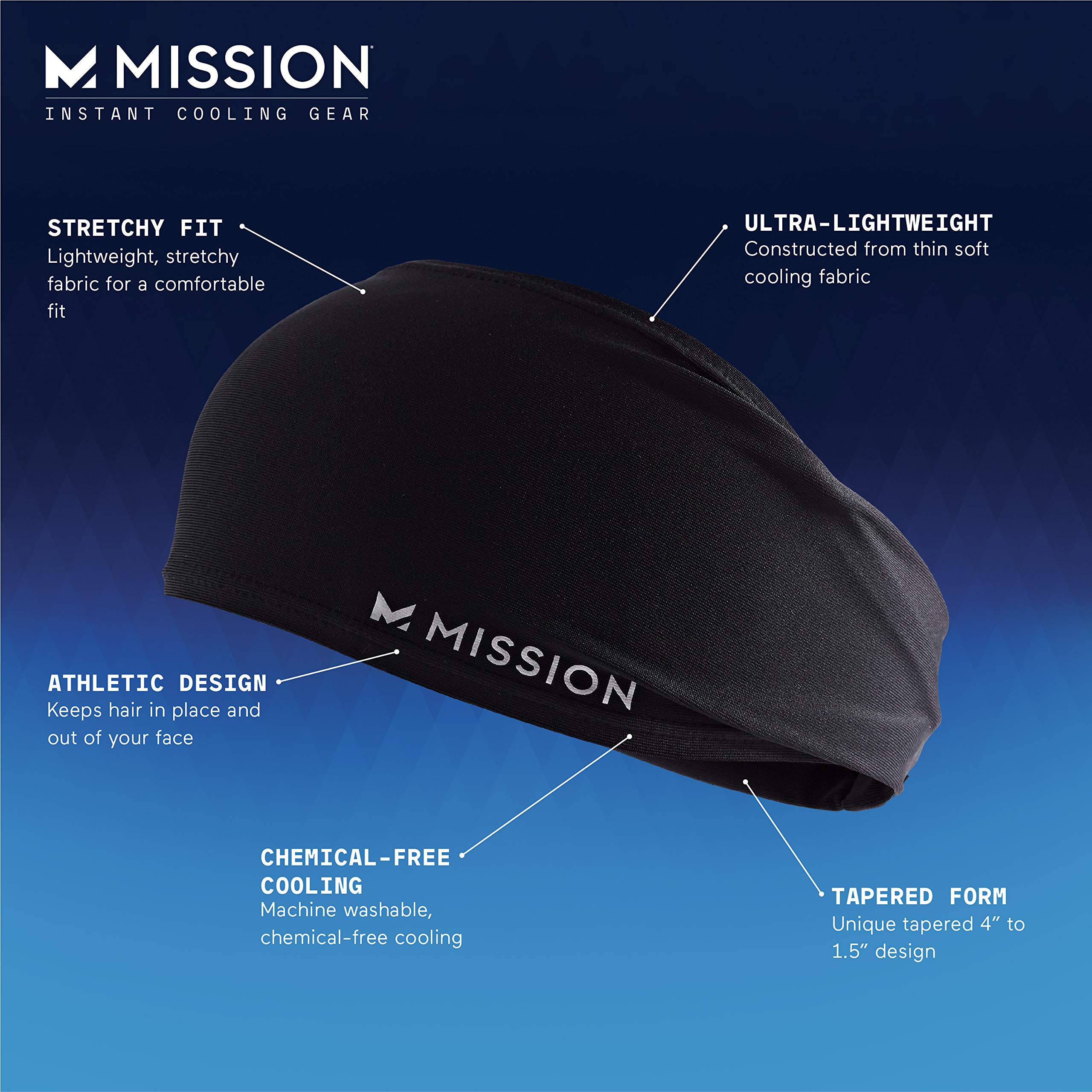 Mission Cooling Tapered Headband, Black - Lightweight & Breathable - Cools Up to 2 Hours - UPF 50 Sun Protection - Machine Washable