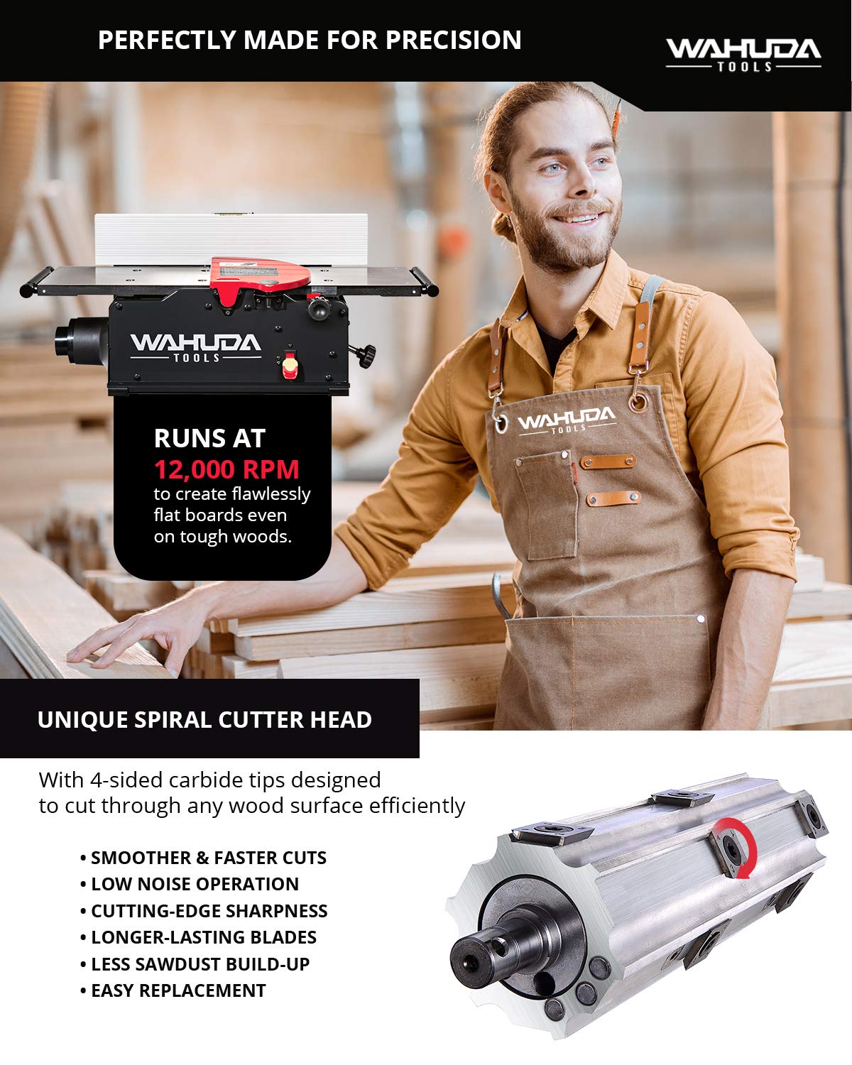 Wahuda Tools Jointer - 10-inch Benchtop Wood Jointer, Spiral Cutterhead Portable Jointer, Cast Iron Tables w/Pull Out Extensions, 4-Sided Carbide Tips & 12amp Motor, Woodworking Tools (50110CC-WHD)
