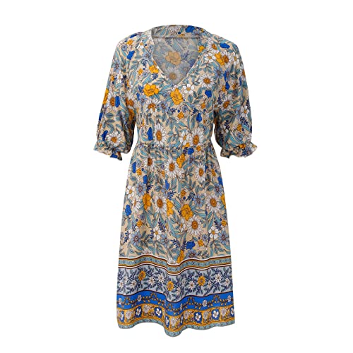 Tenworld Light Blue Skirt Pencil Women's Boho Summer Floral Print Short Sleeve V Neck Smocked Flowy Ruffle A Line Mini Dress