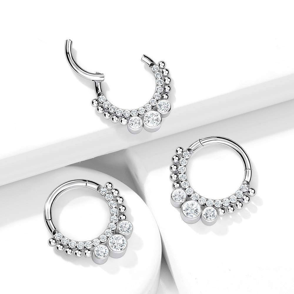 Pierced Owl 16G Implant Grade Titanium Beaded CZ Crystal Paved Front and Triple Gem Cartilage Helix Daith Septum Hinged Segment Ring
