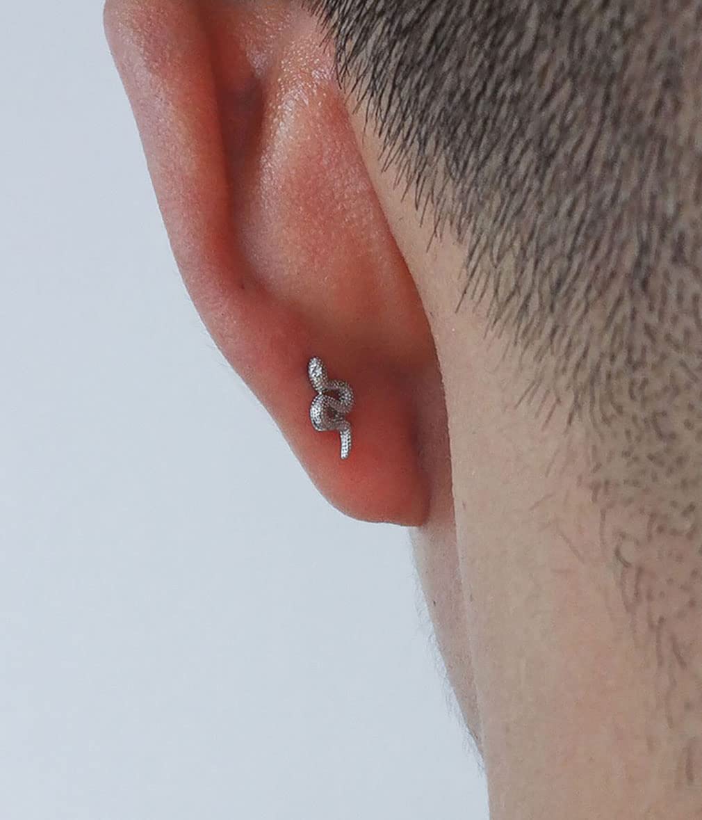 SLUYNZ S925 Sterling Silver Punk Snake Stud Earrings for Women Men Snake Helix Stud Earrings Cartilage Cross Stripe Open Snake Earrings (A-Silver)