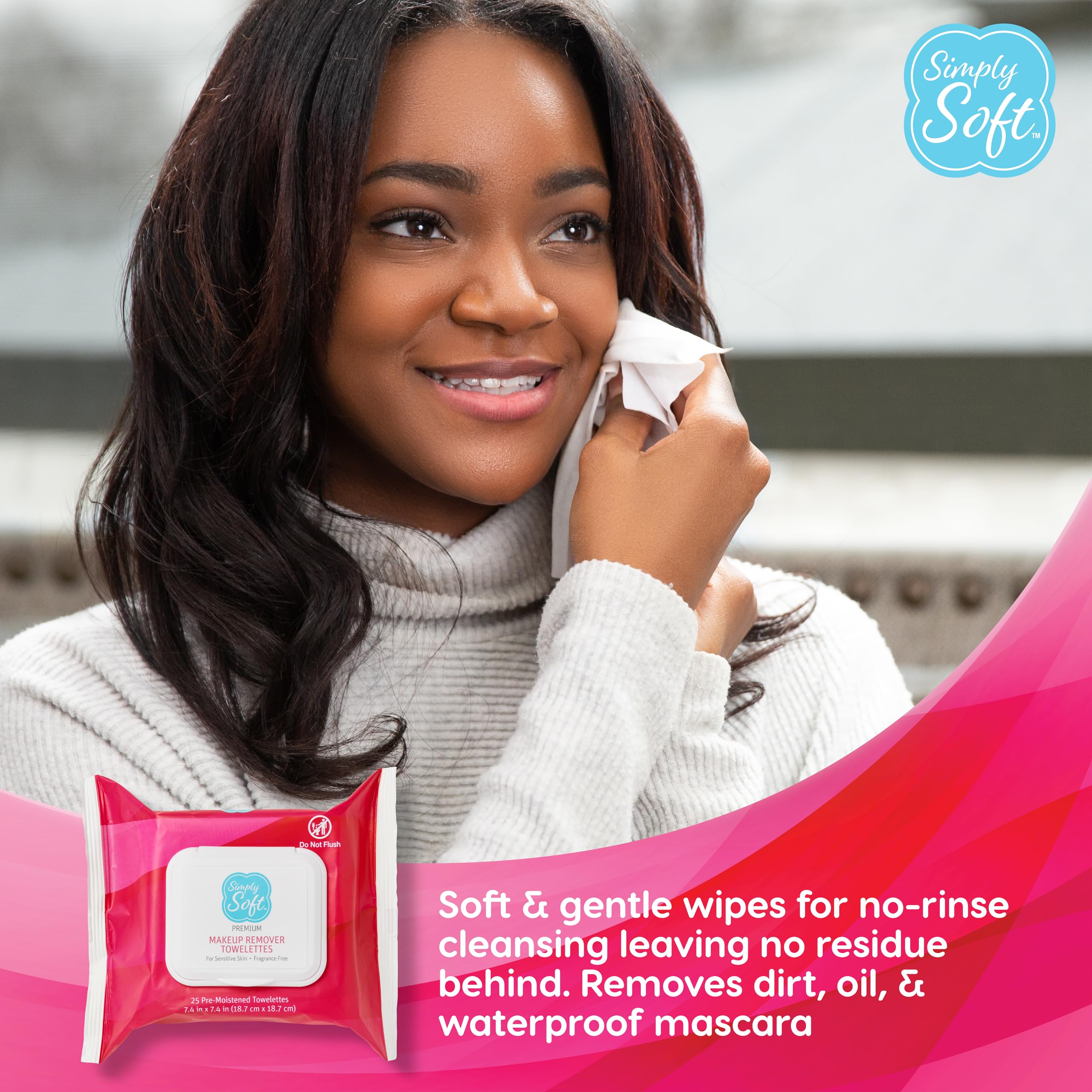 Simply Soft Makeup Remover Wipes, Premium Facial Cleansing Towelettes, Fragrance-Free, Hypoallergenic, pH Balanced, 25 ct. (2 Flip-top Packs)