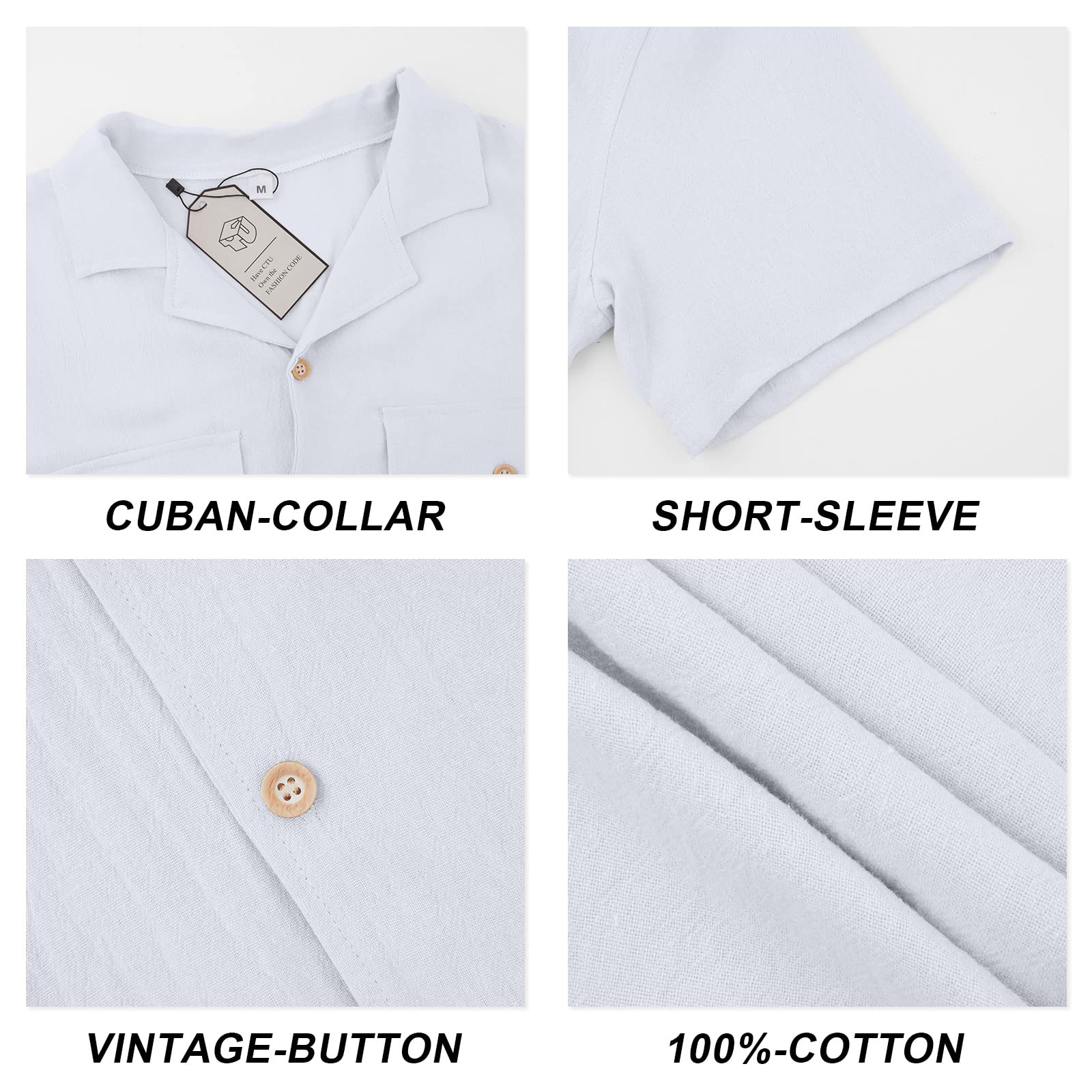 Men's Cuban Guayabera Linen Shirts Casual Short Sleeve Button Down Shirts Summer Beach Top with Pocket WHITE M