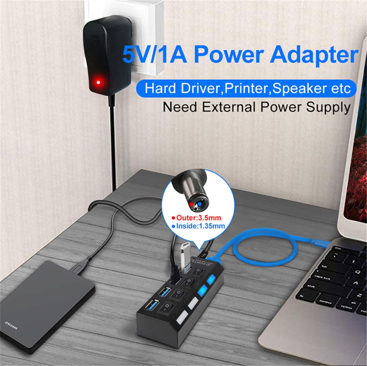TXY 4 Port High Speed HUB USB 2.0 Hub Power On/Off Switch LED for PC Laptop USB Hub Splitter USB Adapter (White)