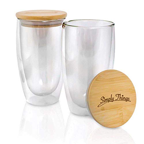Simply Things Double Wall Insulated Borosilicate Glass Mugs with Bamboo lid, Set of 2… (16 ounce)