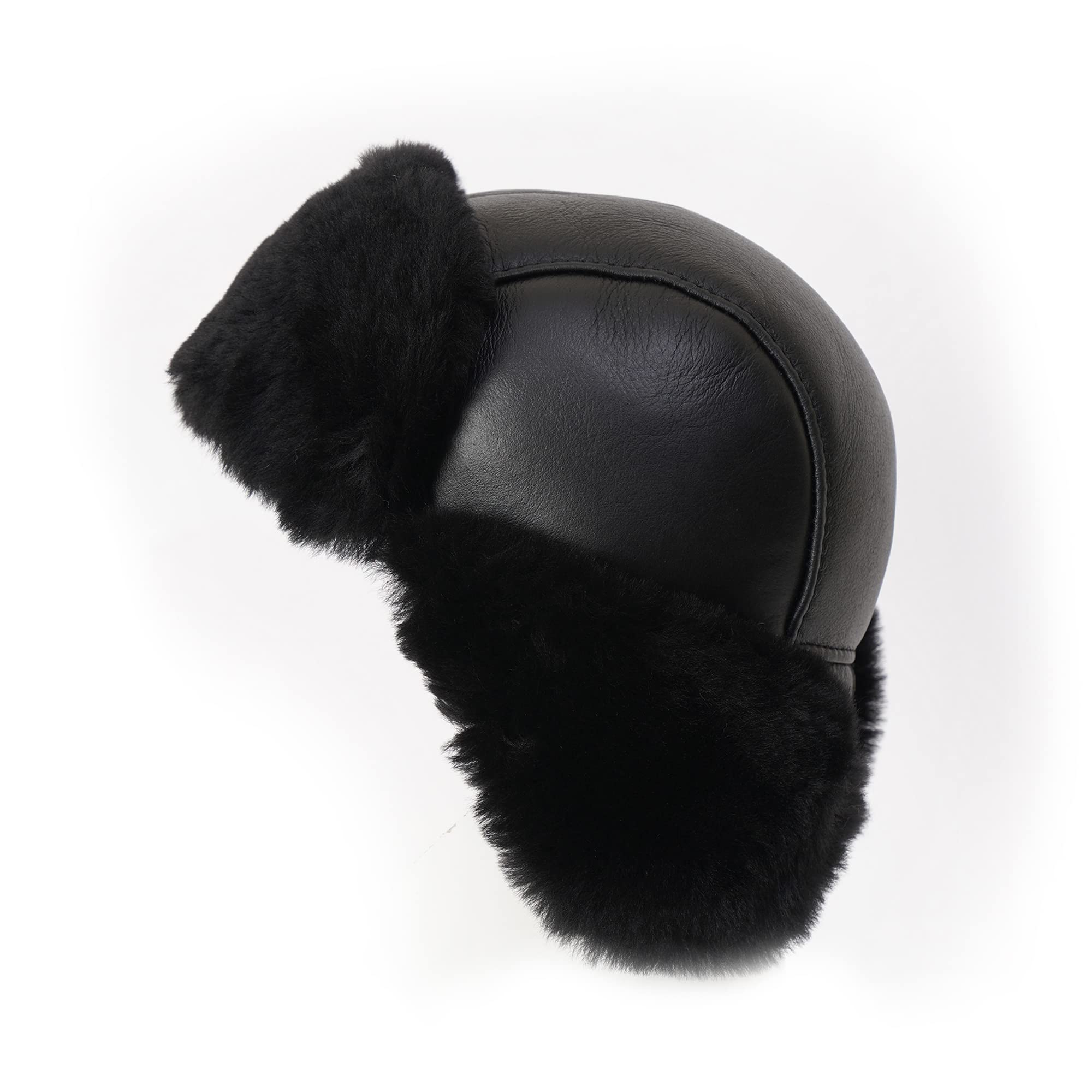 Mumcu's Shearling Sheepskin Leather Russian Ushanka Fur Hat (Large, Black)