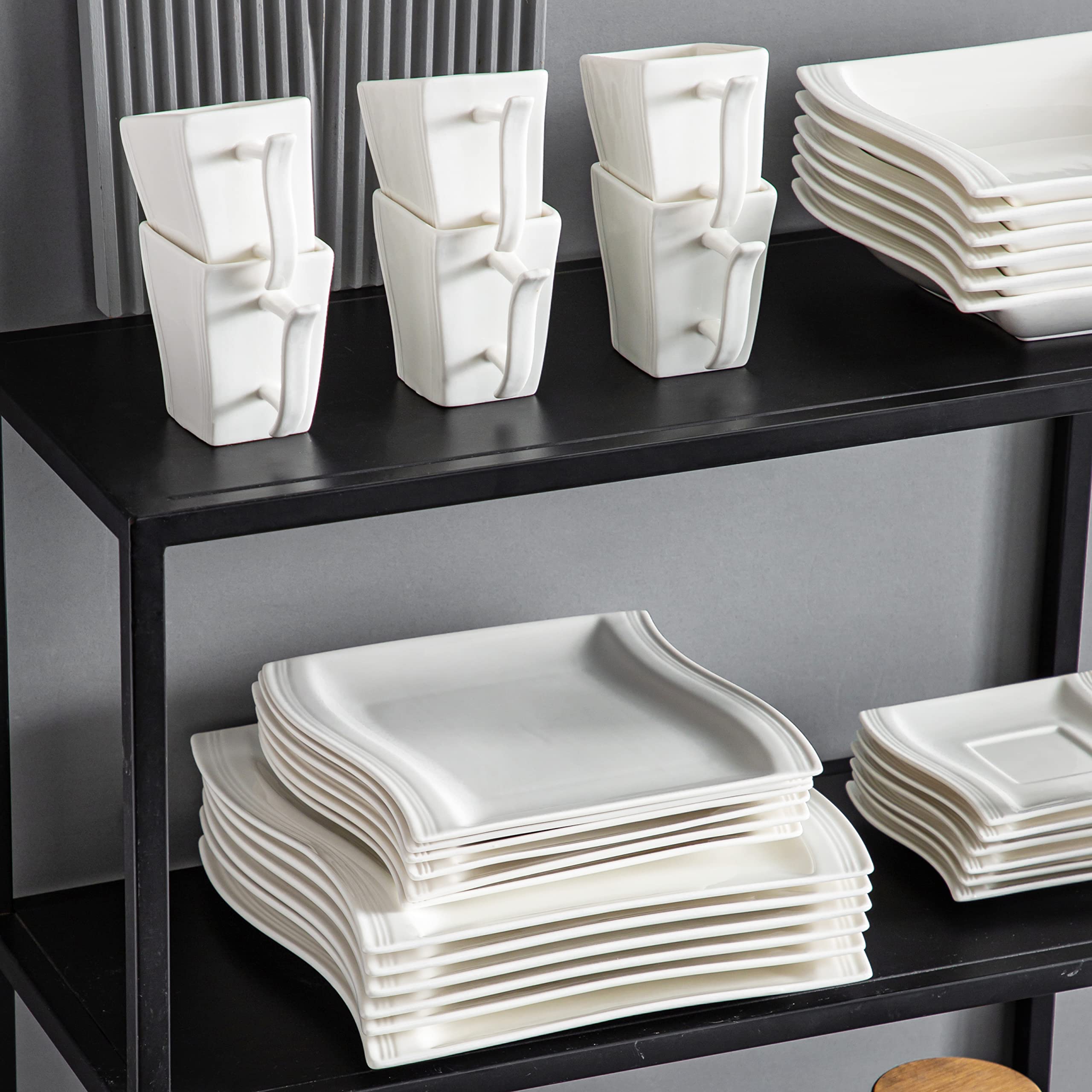 MALACASA Plates and Bowls Sets, 36-Piece Ivory White Square Dinnerware Sets for 6, Porcelain Kitchen Plate Bowl Set, Dishes, Cup and Saucer Set, Modern Dinnerware Set, Series Flora