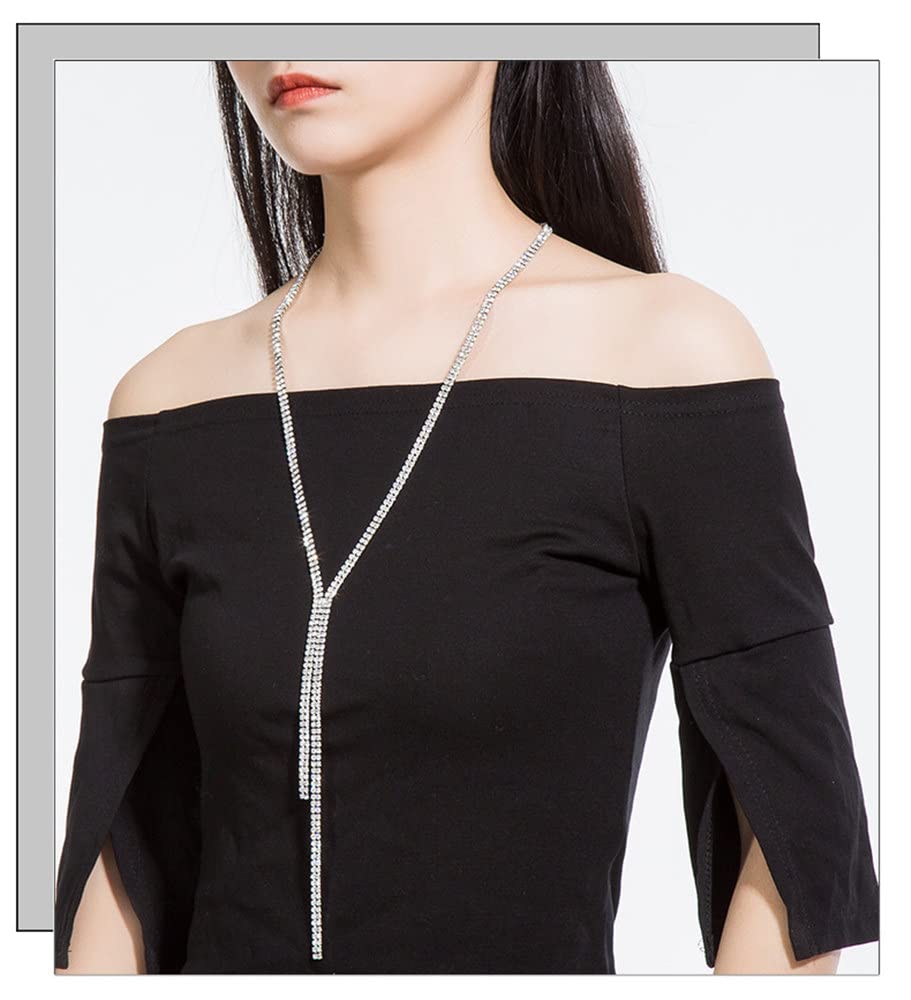 Sither Silver Crystal Necklace for Women Long Sweater Chain Statement Necklace for Wedding Jewelry for Dressy Winter Evening Party