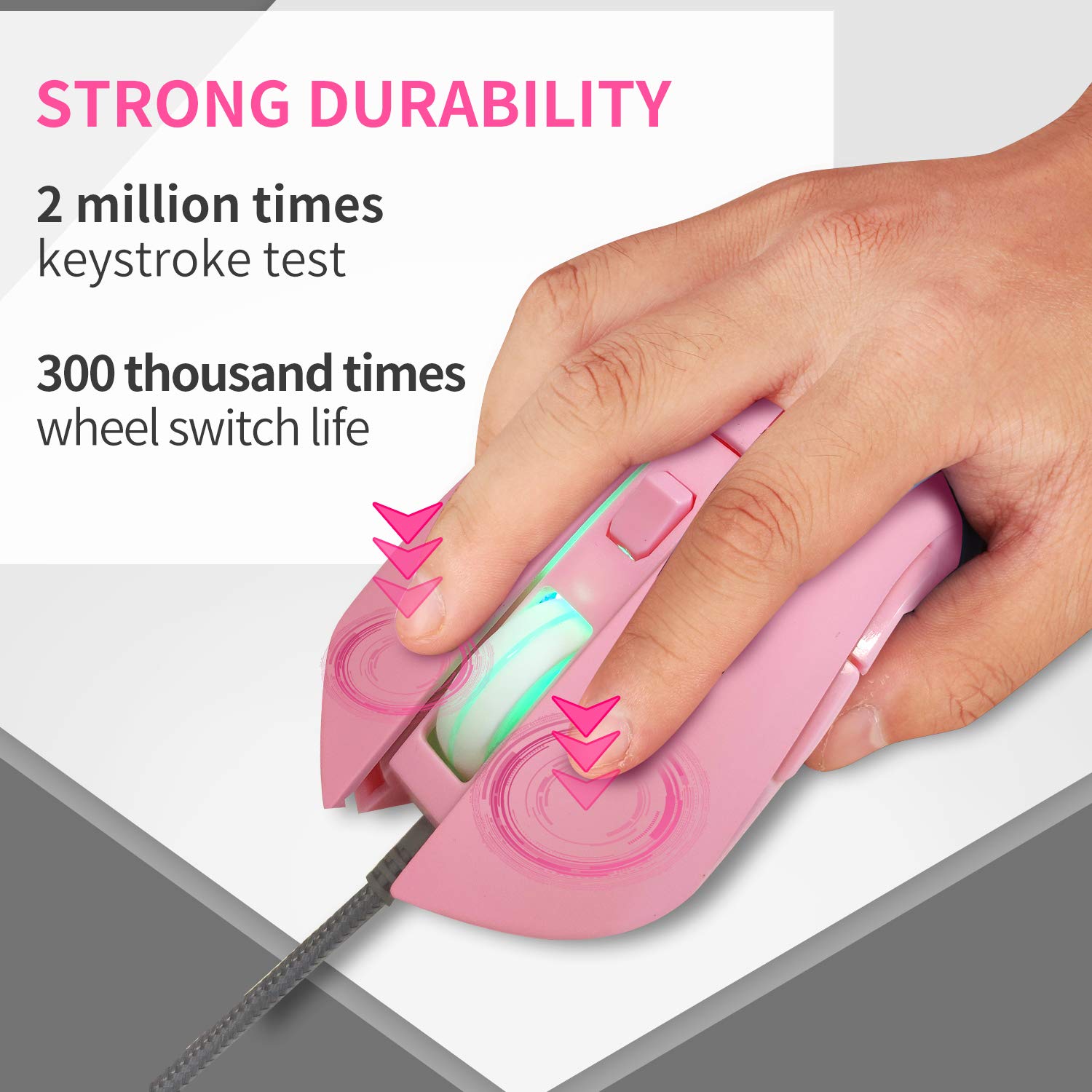 Pink Mouse Silent Click, 7 Colors Backlit Optical Game Mice Ergonomic Wired with 2400 DPI and 6 Buttons 4 Shooting for PC Computer Laptop Desktop (USB)