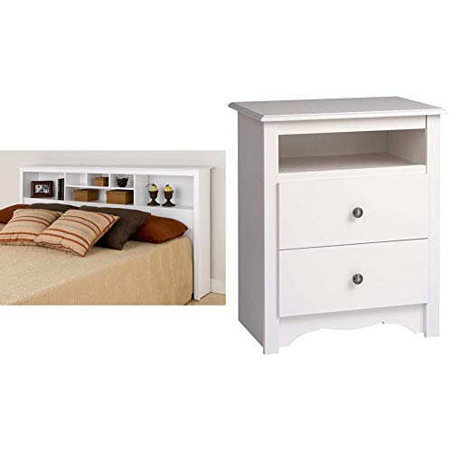 Prepac Stylish Freestanding King Headboard with Bookcase (WSH-8445) Monterey 2 Drawer Nightstand with Open Shelf (WDC-2428), White