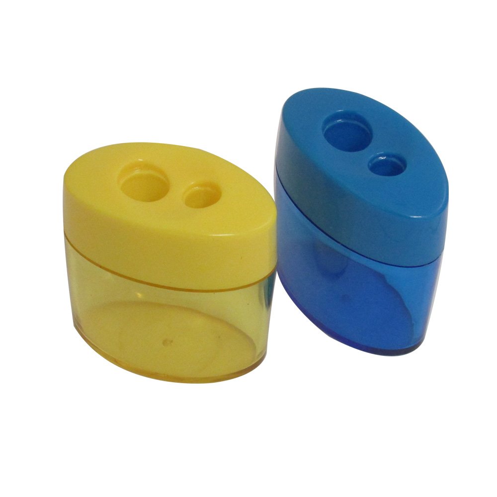 Mega Stationers Mega Pack of 12 Double Hole Oval Shaped Pencil Sharpener with Cover and Receptacle - Comes in 4 Colors