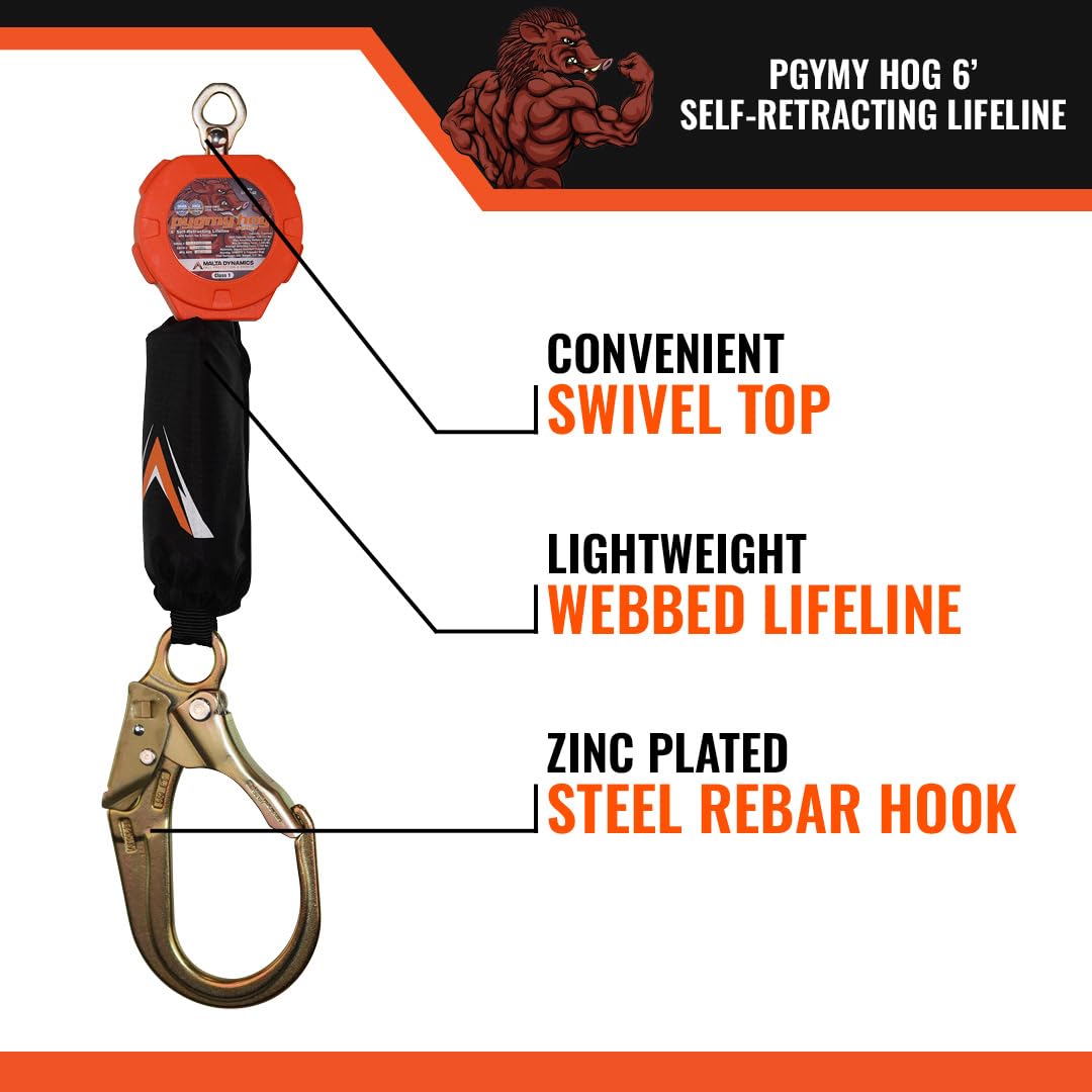 Malta Dynamics Pygmy Hog 11' Web Self Retracting Lifeline, YoYo Cable with Rebar Hook, Fall Protection Retractable Safety Harness Lanyard - OSHA/ANSI Compliant