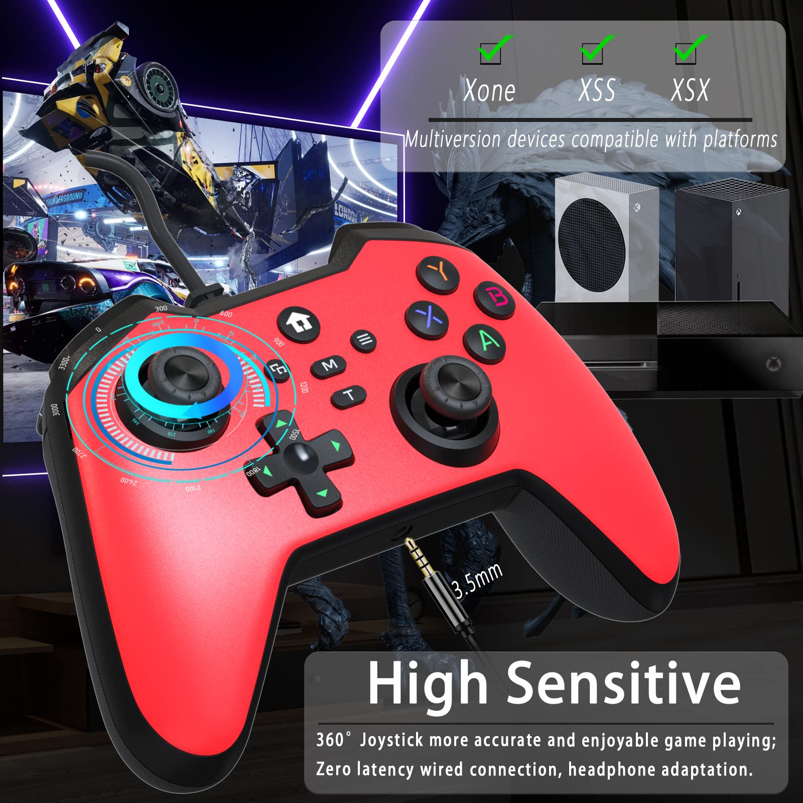 TERIOS Wired Controller Compatible with Xbox one/Xbox Series X/S/Windows10, Video Game Controller with Enhanced Dual Vibration, Audio Jack, Turbo Auto Fire, Replacement Faceplate Cover (Red)