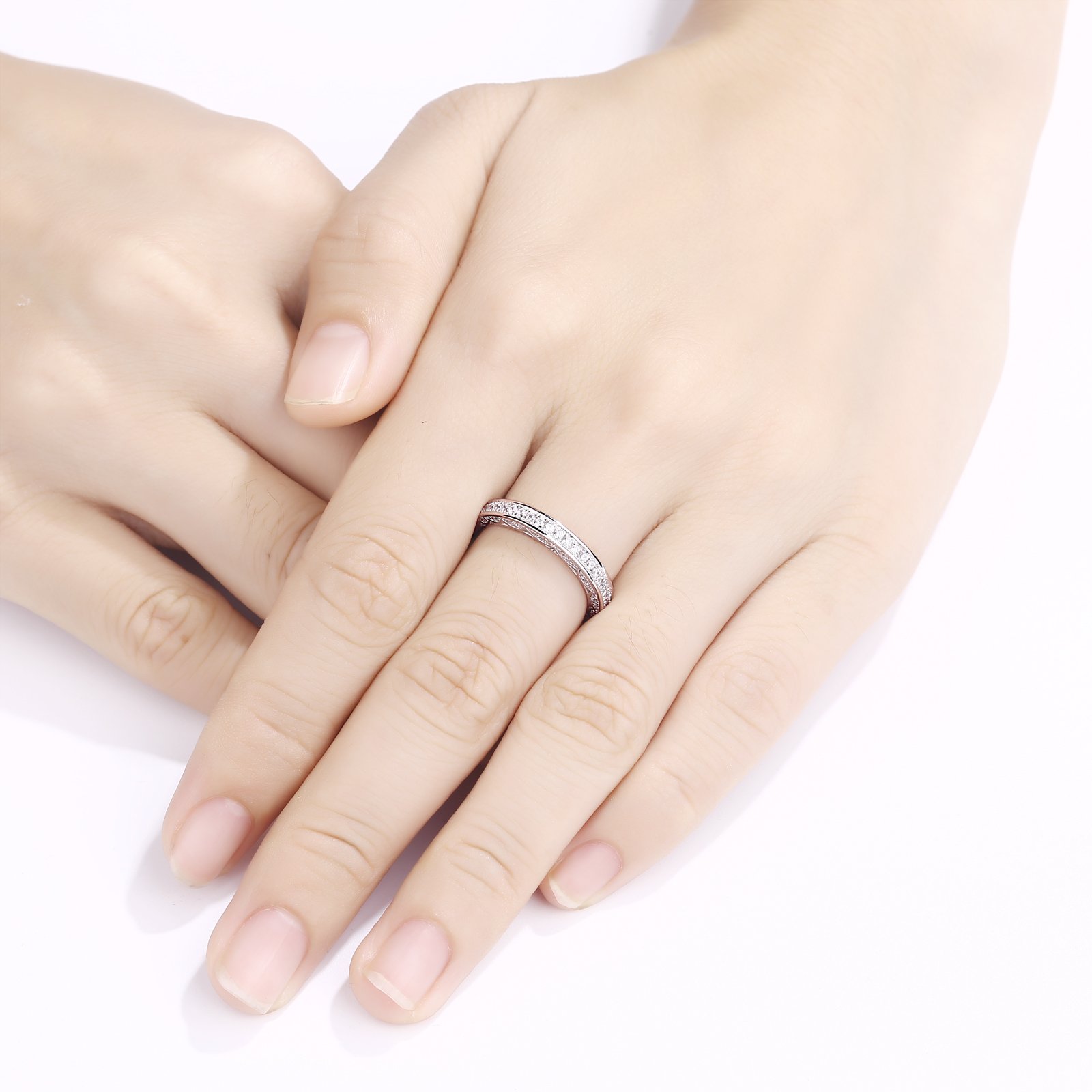 Newshe Jewellery Stackable Band AAAAA Cz Wedding Engagement Ring for Women 925 Sterling Silver Eternity 2.5mm Size 7