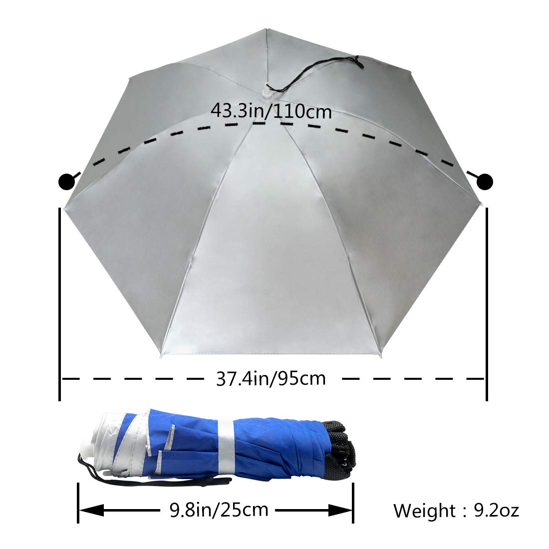 NEW-Vi Fishing Umbrella Hat Folding Sun Rain Cap Adjustable Multifunction Outdoor Headwear (Silver/Blue(Single layer))