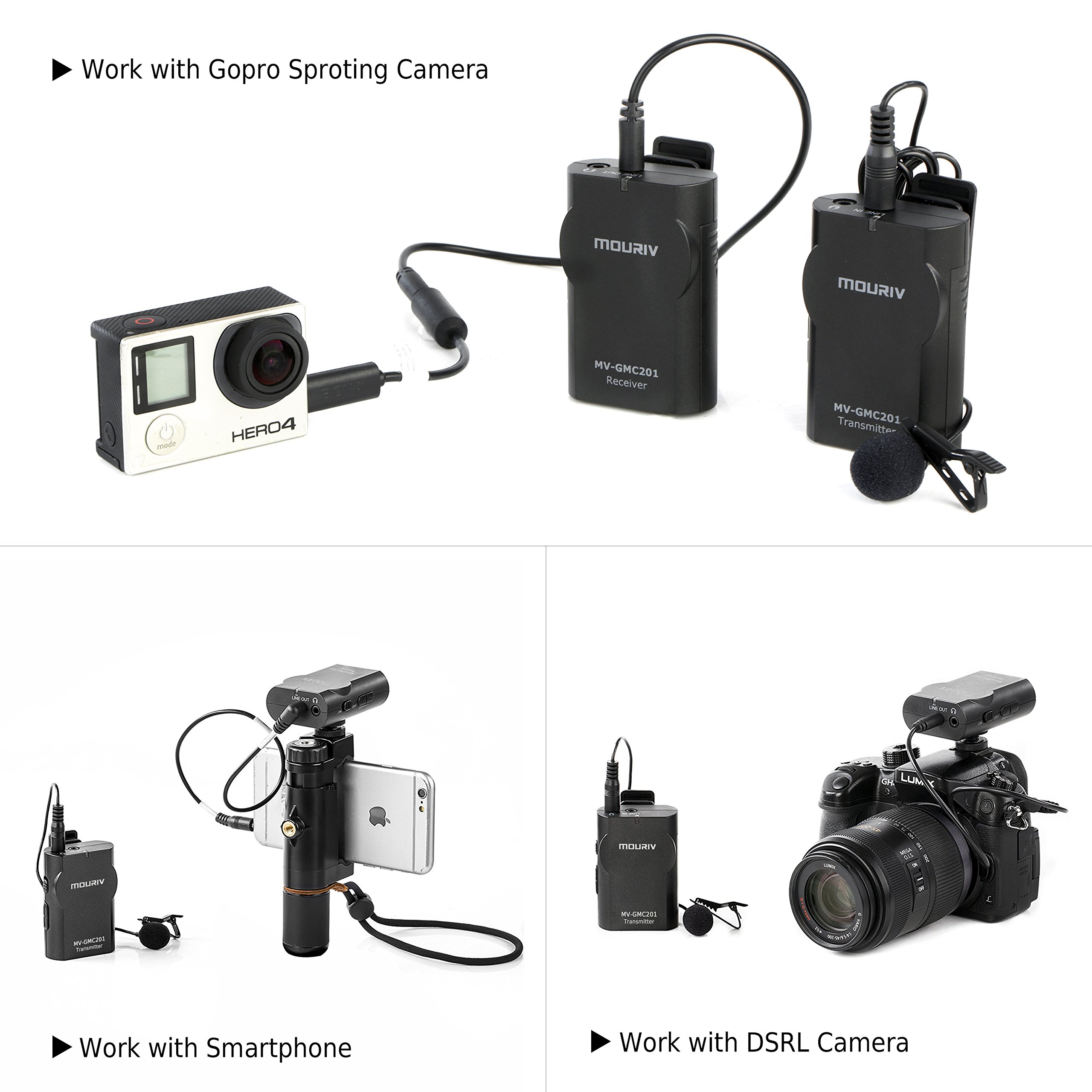 MOURIV MV-GMC201 2.4G Wireless Lavalier Microphone System Compatible with iPhone 11 X 8 8 Plus 7 6 Smartphone,Canon 6D 600D Nikon D800 D3300 Sony A7 A9 DSLR GoPro Action Cameras