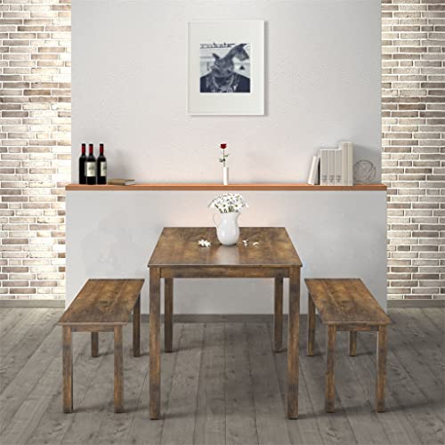MJWDP 3 Piece Studio Collectible Table Dining Table with 2 Bench Wooden Legs Furniture Set (Color : D, Size : As Shown)
