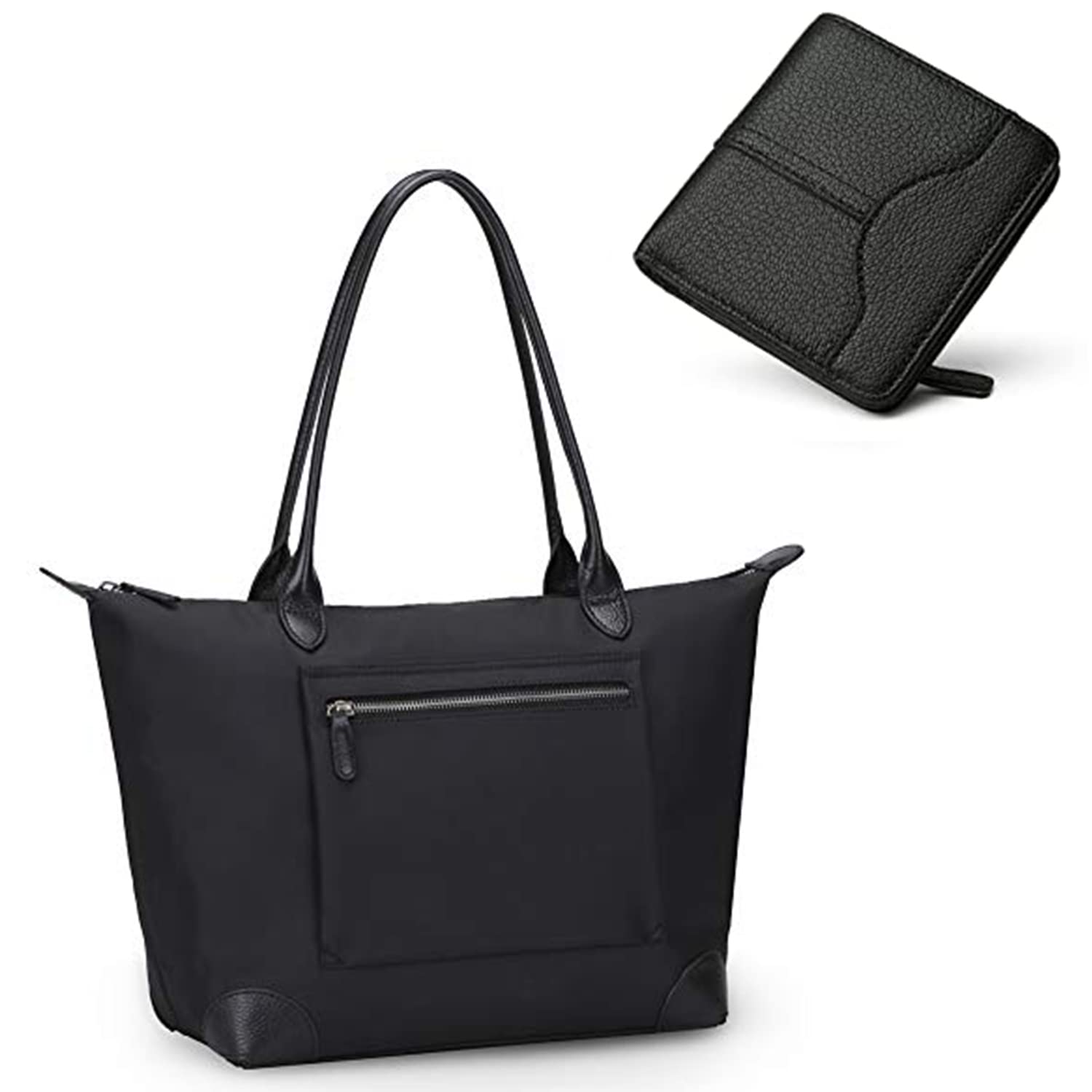 Small Leather Bifold Wallet For Women Black+Large Lightweight Nylon Tote Bag for Women Black