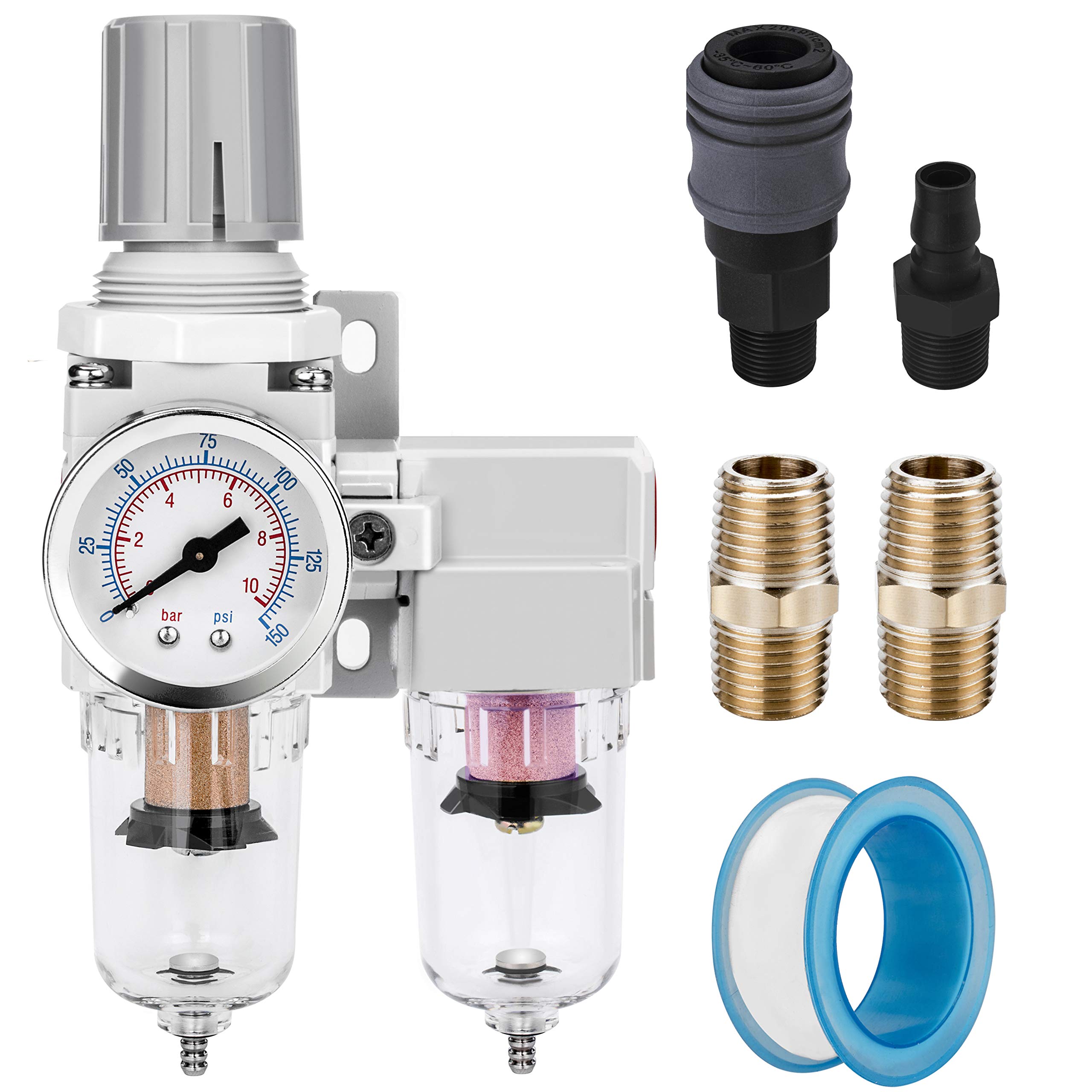 NANPU 1/4" NPT Air Dryer System - 5 Micron Particulate Filter, 0.5 Micron Coalescing Filter & Air Pressure Regulator, Water Trap Separator - Semi-Auto Drain,0-150 psi Gauge, Poly Bowl, Metal Bracket