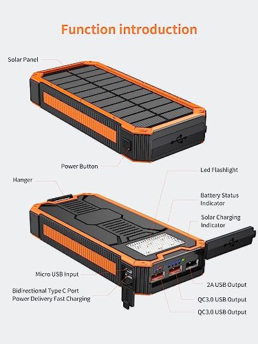 Power-Bank-Solar-Charger - 30000mAh Solar Power Bank, PD 20W Fast Charger,Drop-Proof Waterproof Dustproof Built-in LED Flashlight for iPhone, Tablet, Samsung and More USB Device(Orange)