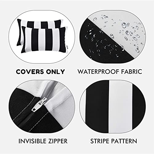 Western Home Pack of 2 Decorative Outdoor Solid Waterproof Striped Throw Pillow Covers Polyester Linen Garden Farmhouse Cushion Cases for Patio Tent Balcony Couch Sofa 12x20 inch Black