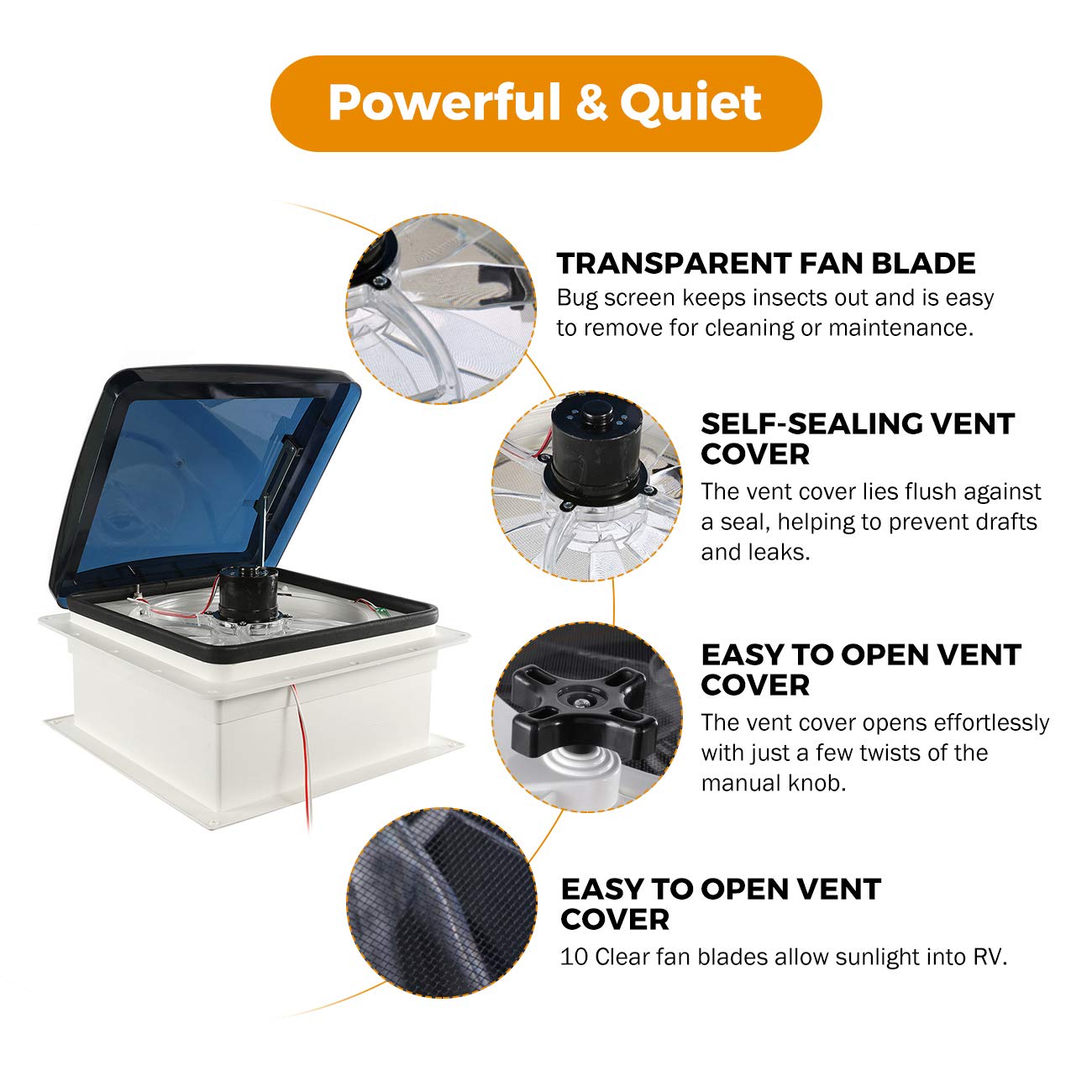 PARTOL Roof Vent for RV Fan 14β12V Automatic RV Roof Vent Fan Camper Motorhome Fan with Rain Sensor and Remote Controller, Two-Way Ventilation 3 Speed Reversible Airflow, Smoke Dome RV Vent Cover
