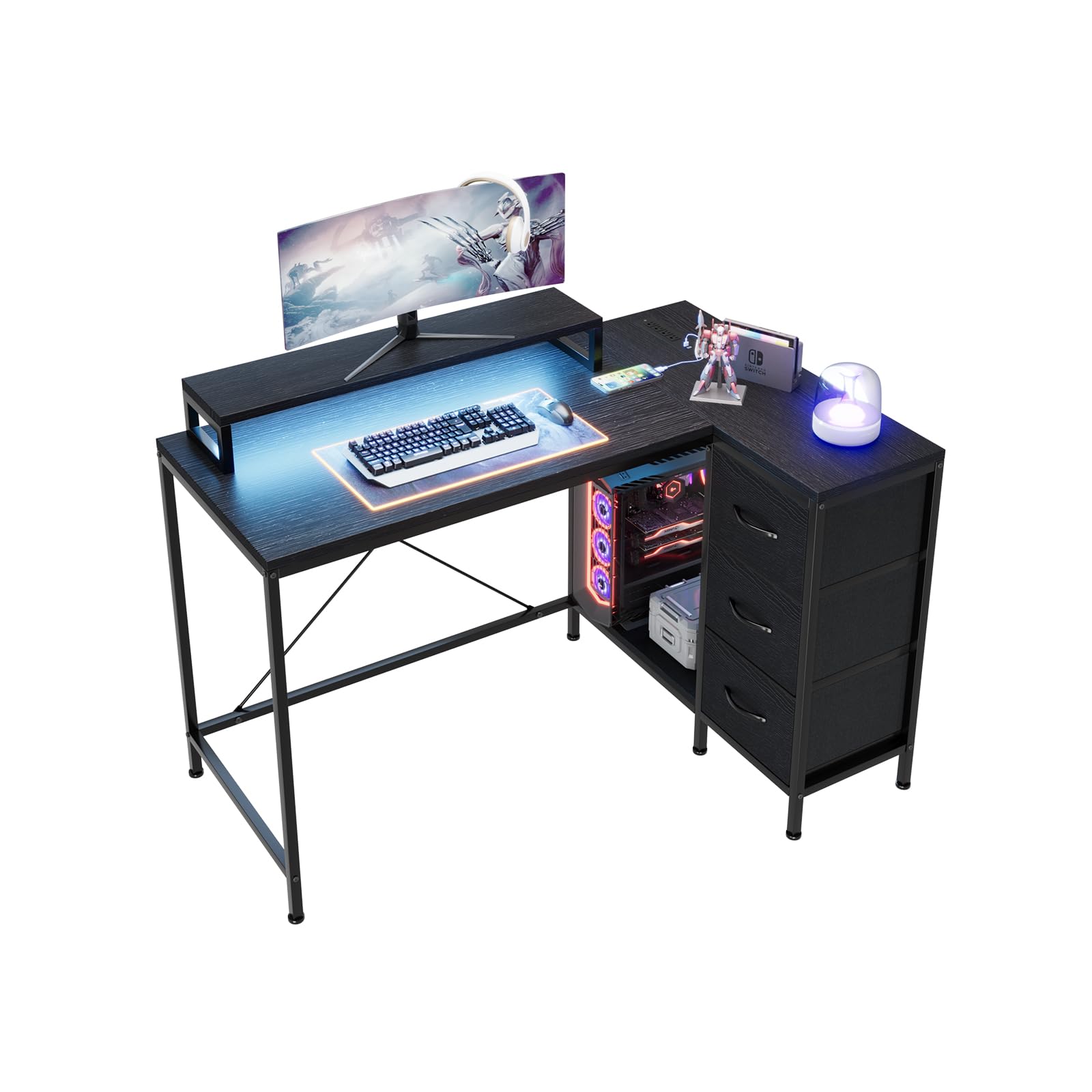 LIVEHOM L Shaped Desk with Power Outlets & LED Lights, Computer Desk with Drawers & Shelves, Corner Desk Gaming Desk Home Office Desk