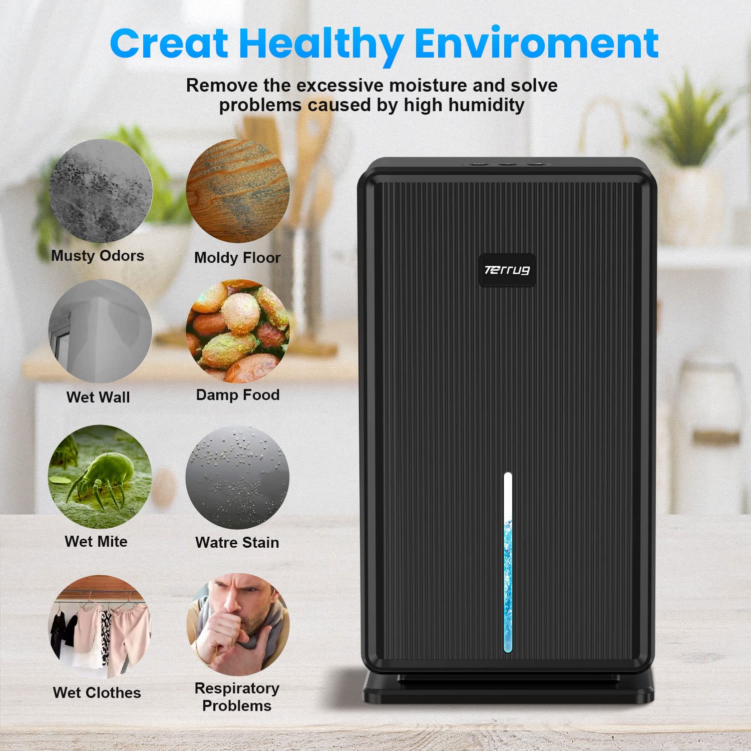 Terrug 550 Sq.Ft 106oz Dehumidifier 3000ml Portable Ultra-Quiet Effective Dehumidifiers with Auto-Off, Basement, Cabinet and Bathroom (Black)