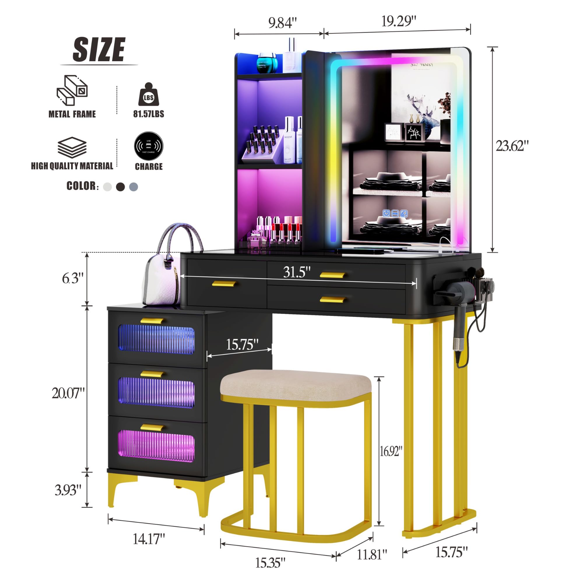 Makeup Vanity Desk with Lights: Vanity Table with Mirror - Dressing Table with Wireless Charging Station & RGB Lights Mobile Vanity with Drawer Glass-Top Design Girls Black Vanity for Bedroom