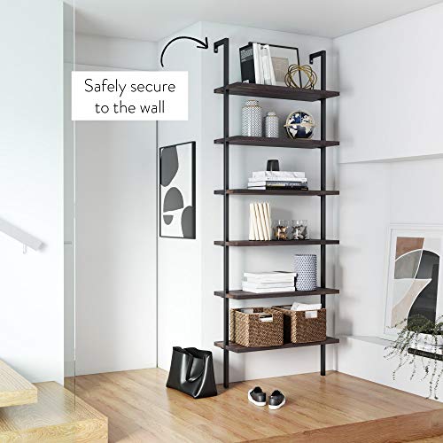 Nathan James Theo 6-Shelf Tall Bookcase, Wall Mount Bookshelf with Natural Wood Finish and Industrial Metal Frame, Nutmeg/Matte Black