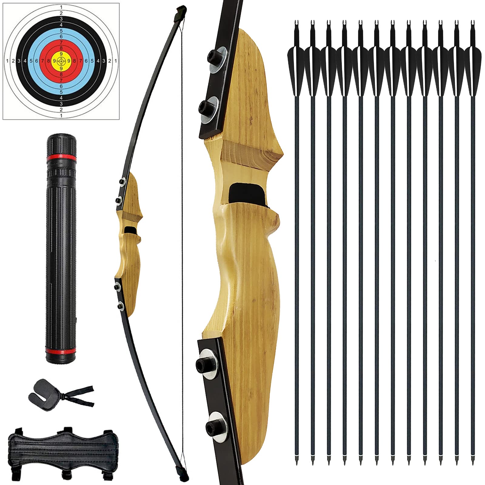 Recurve Bow and Arrow for Adults with 18 Arrows - Archery Bows Set for Beginner with Quiver 5 Target Faces Arm Guard Finger Saver, Takedown Longbow Kit Right Handed for Outdoor Shooting Training