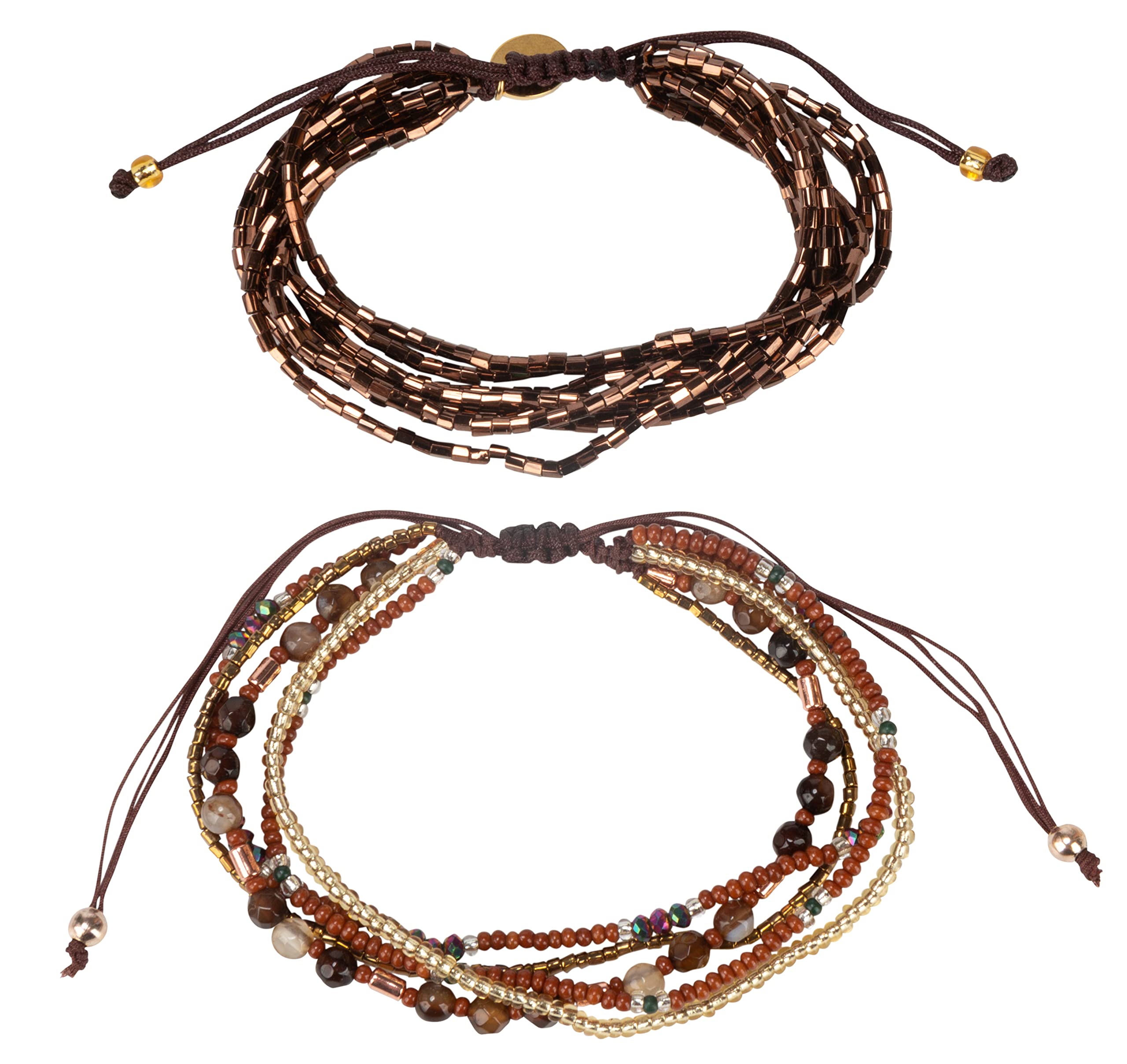 SPUNKYsoul Handmade Boho Beaded Bangle Bracelet Rope Braided Set for Women (Brown 2 PC Set)