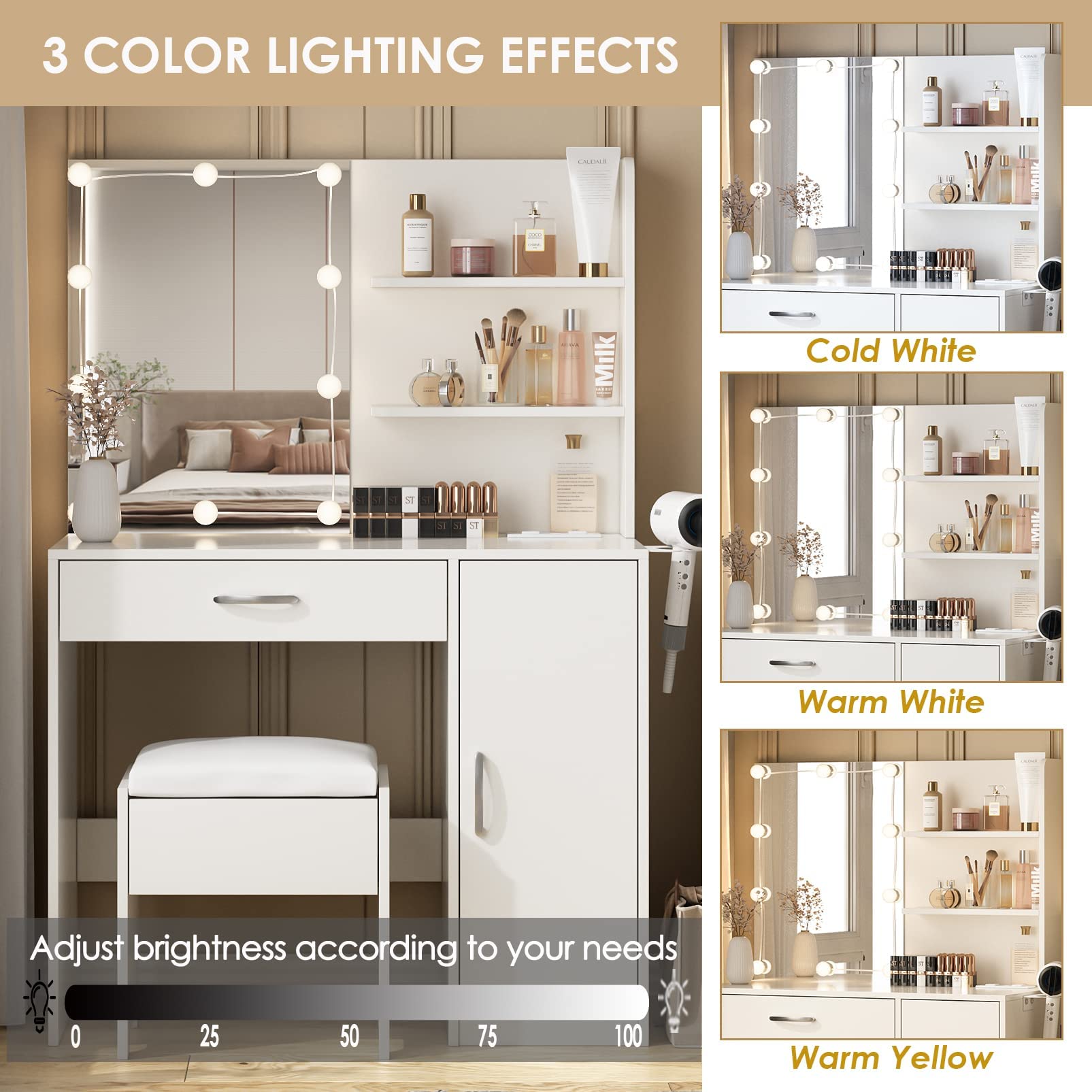Makeup Vanity Desk with Lighted Mirror & Power Strip,Makeup Vanity Table with Lights and Lots Storage,3 Lighting Modes,35in Large Drawers Dressing Table,White