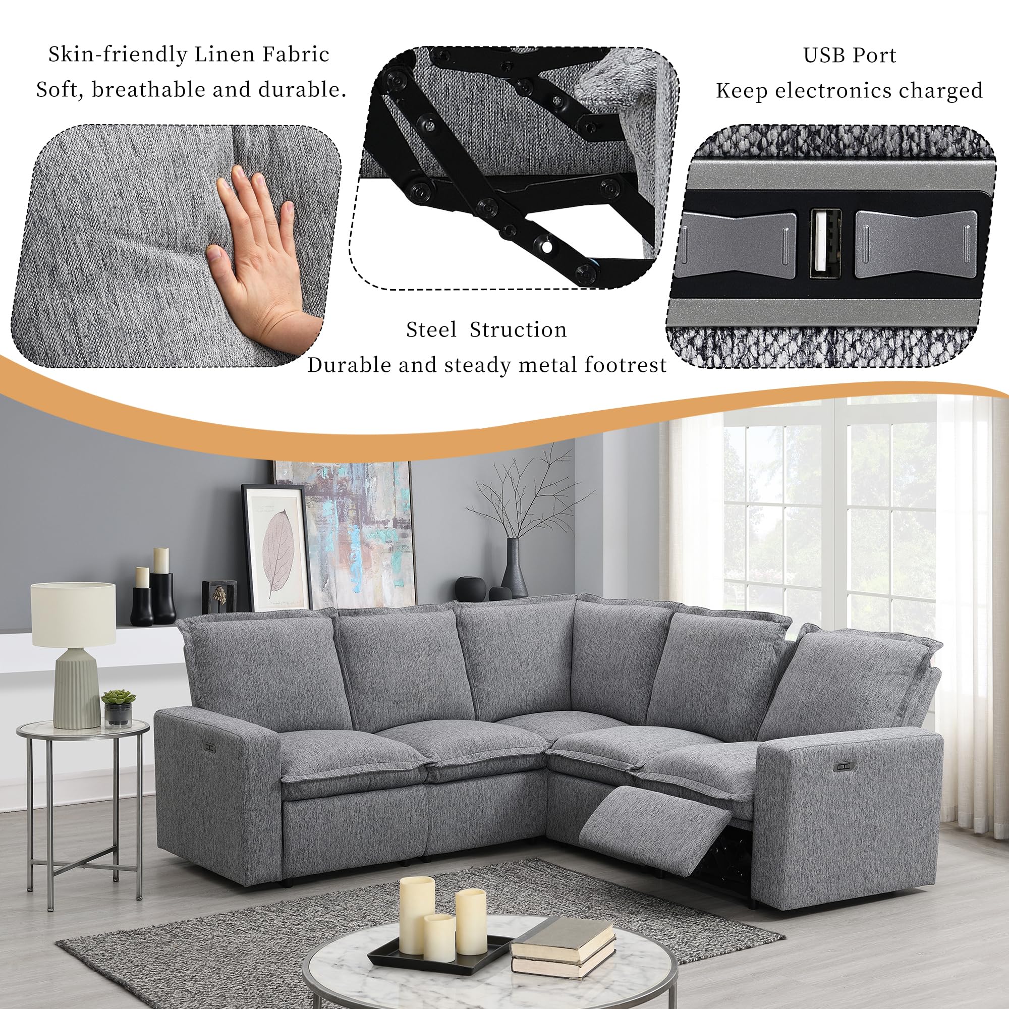 LyuHome 89.76" Power Recliner Sofa,Modern Sectional Sofa with USB Port for Living Room, Convertible L-Shaped Couch Bedroom, Theater room, Grey