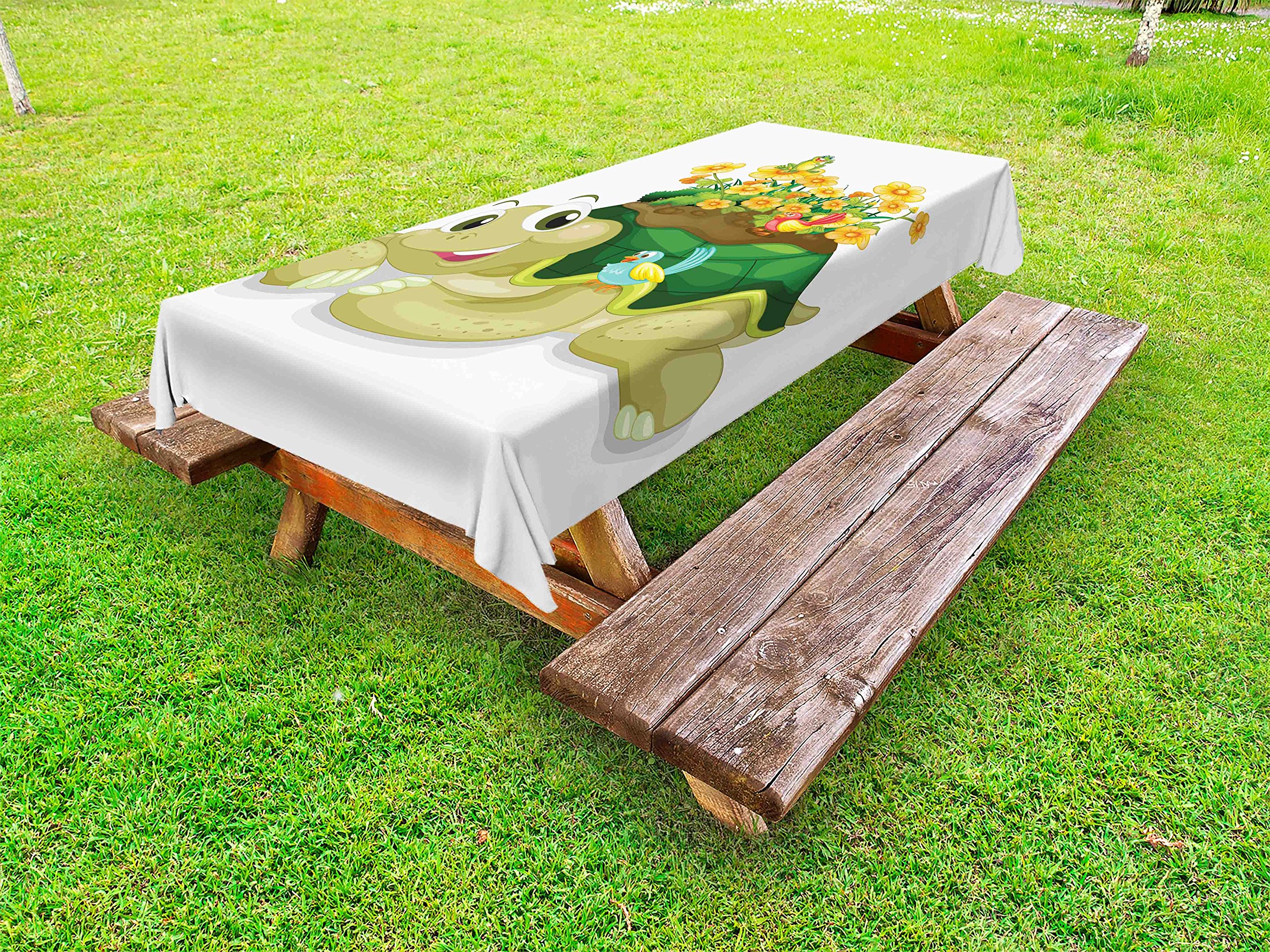 Lunarable Reptile Outdoor Tablecloth, Funny Floral Turtle Talking Colorful Humming Birds Tortoise Ninja Inspired Print, Decorative Washable Picnic Table Cloth, 58" X 120", Multicolor