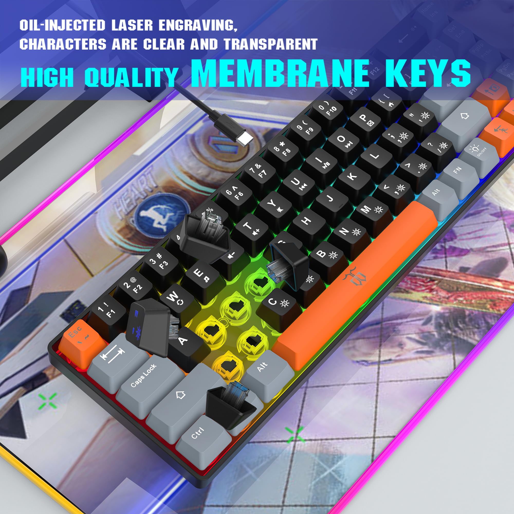 Snpurdiri 60% Gaming Keyboard, RGB Backlit Mini Keyboard,Built-in Steel Plate, Membrane Keyboard but Super Mechanical Feel for Windows PC Gamers(68 Keys,White-Black)