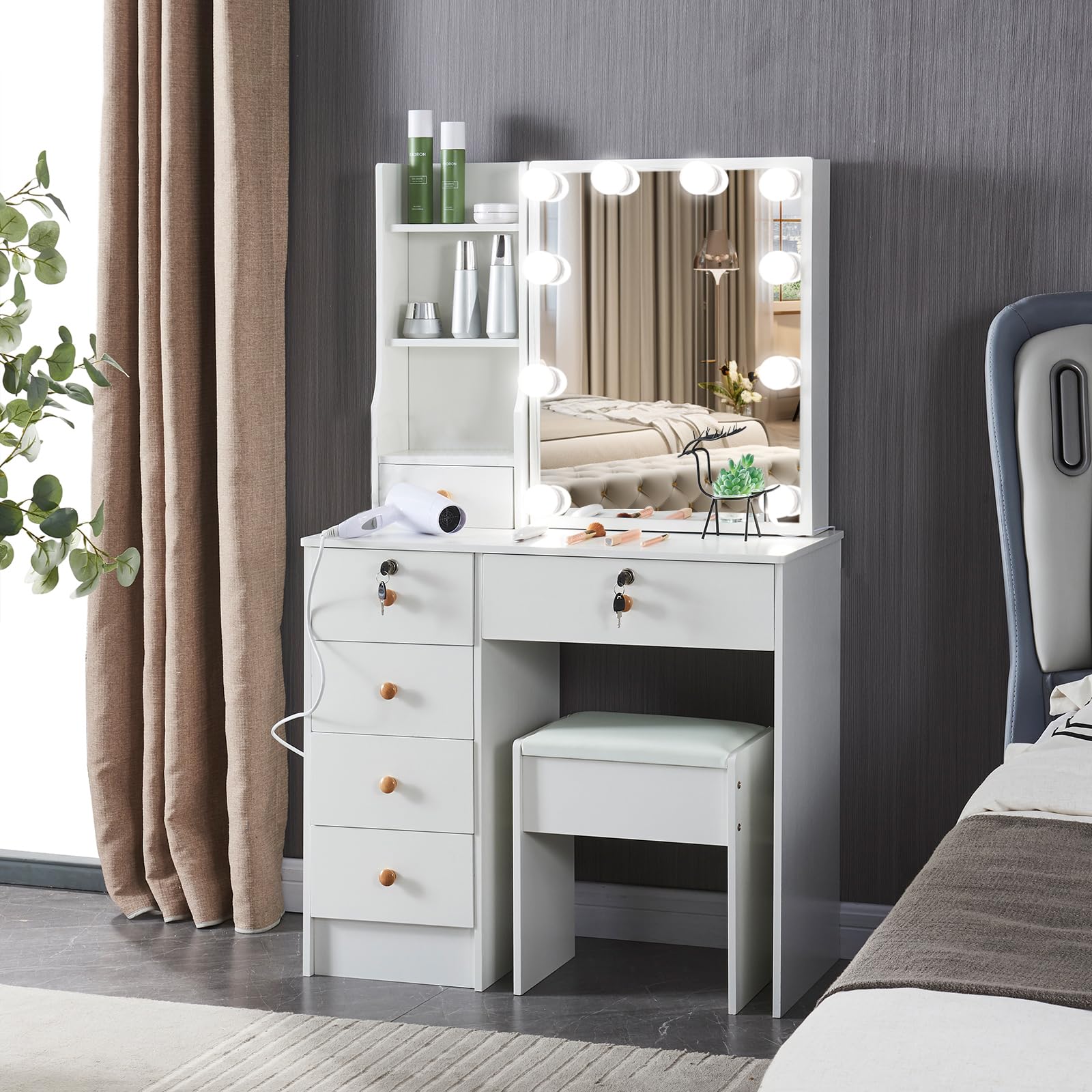 Makeup Vanity Dressing Table with 3 Color Lighting and Mirror, Vanity Set with Cushioned Stool and Drawers, Shelves for Bedroom, Dressing Room